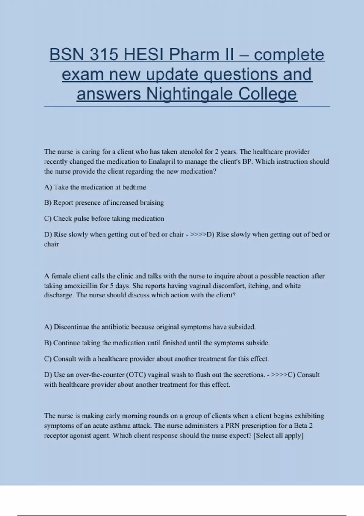 BSN 315 HESI Pharm II – complete exam new update questions and answers ...