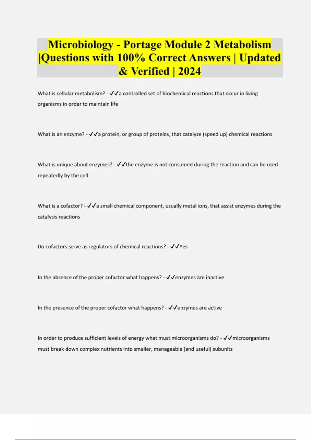 Microbiology - Portage Module 2 Metabolism |Questions with 100% Correct ...