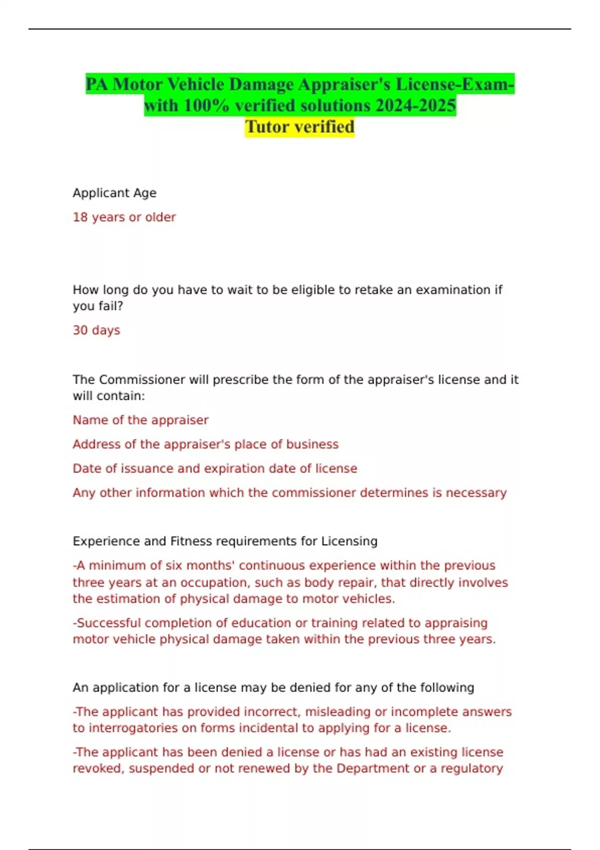 PA Motor Vehicle Damage Appraiser's License-Exam-with 100% verified ...