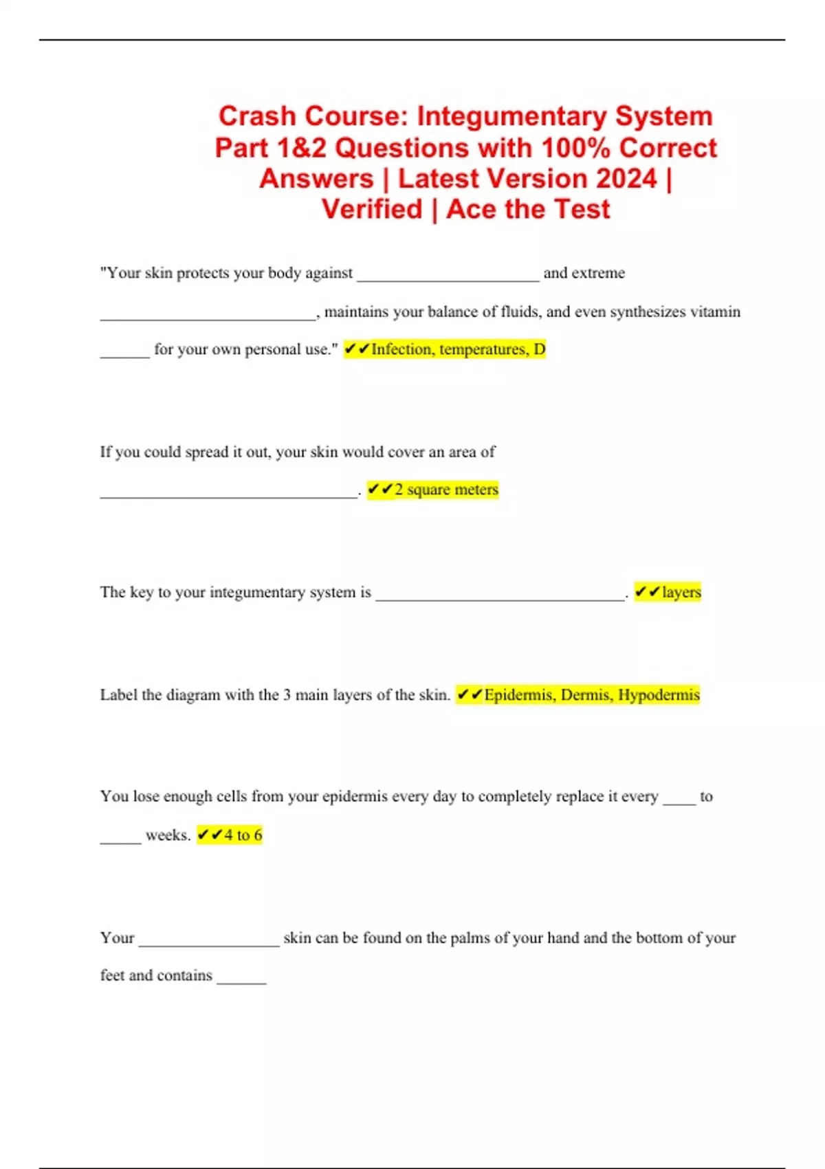 Crash Course: Integumentary System Part 1&2 Questions with 100% Correct ...