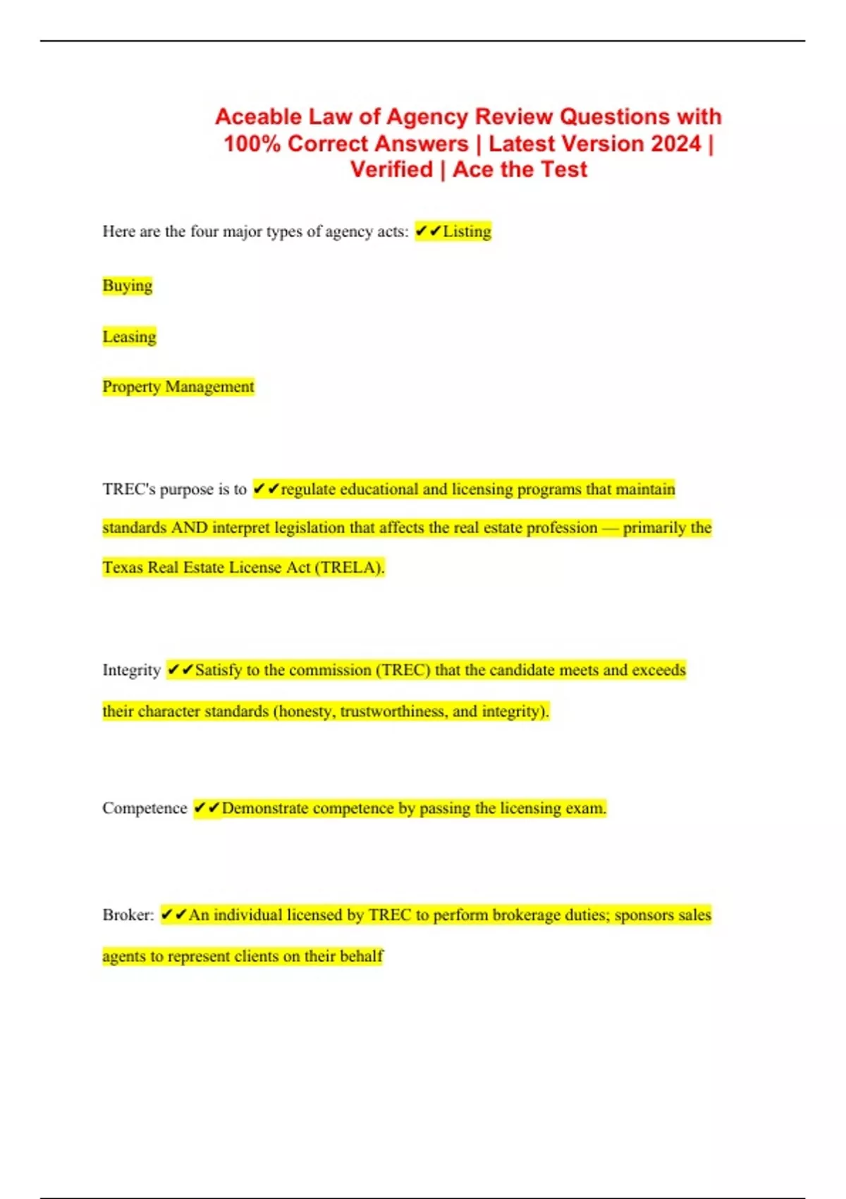 Aceable Law of Agency Review Questions with 100% Correct Answers ...