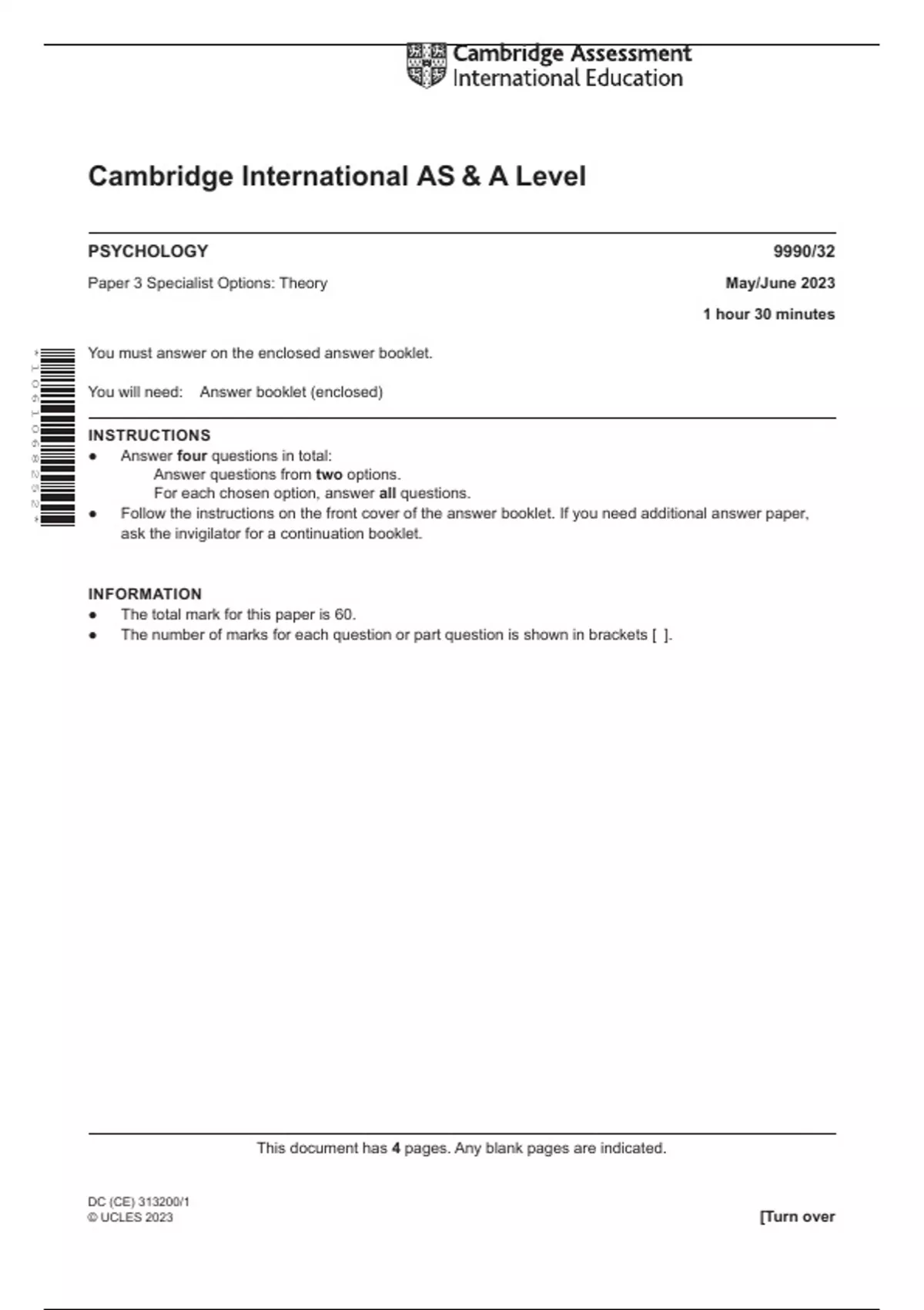 AS & A Level PSYCHOLOGY 9990/32 Paper 3 Specialist Options: Theory May ...