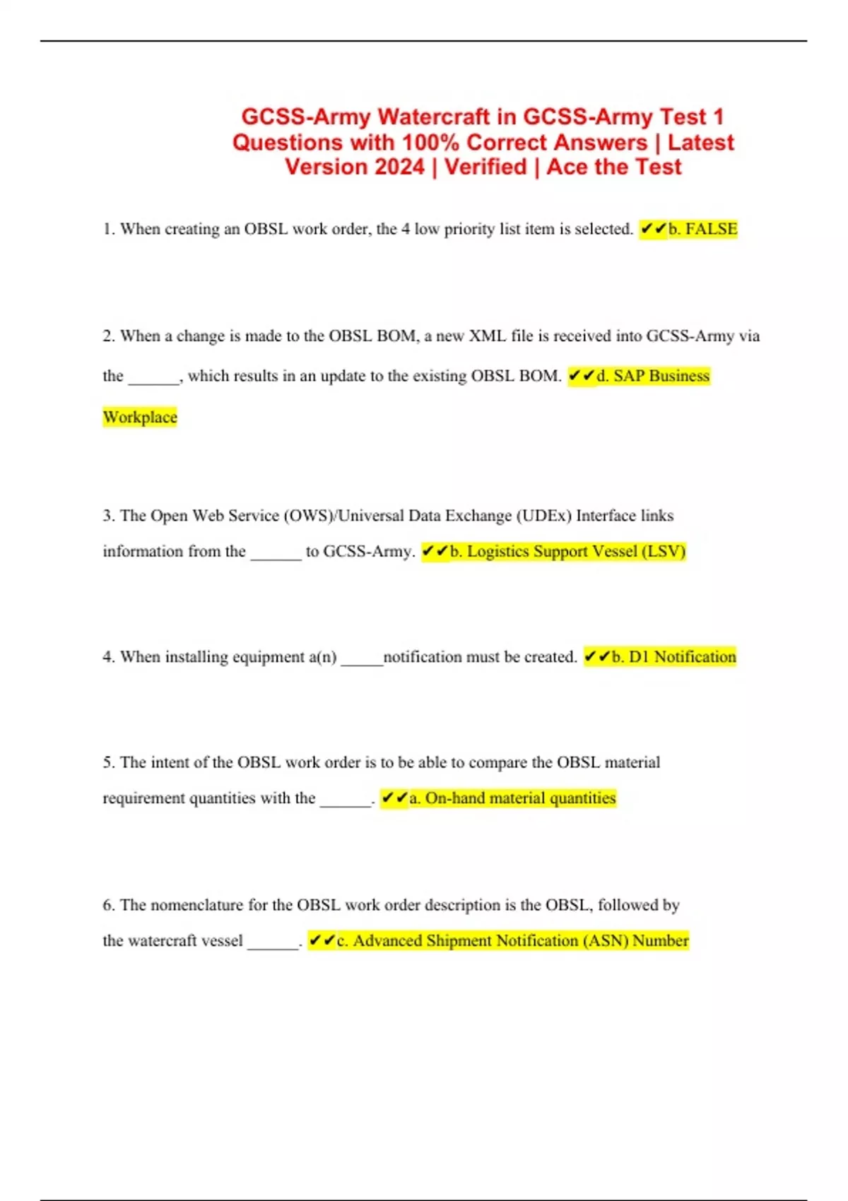 Gcss Army Watercraft In Gcss Army Test 1 Questions With 100 Correct Answers Latest Version