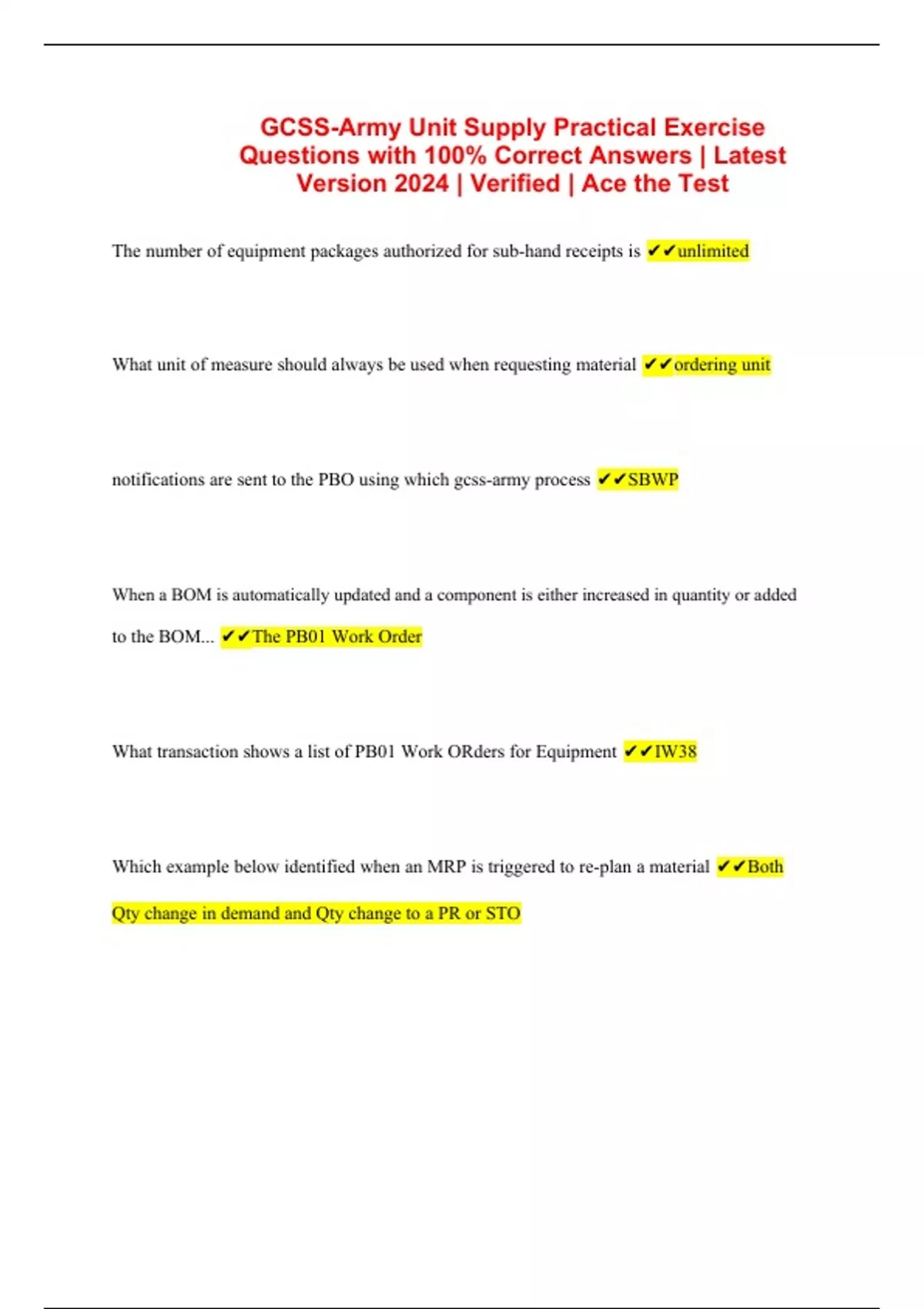 Gcss Army Unit Supply Practical Exercise Questions With 100 Correct Answers Latest Version