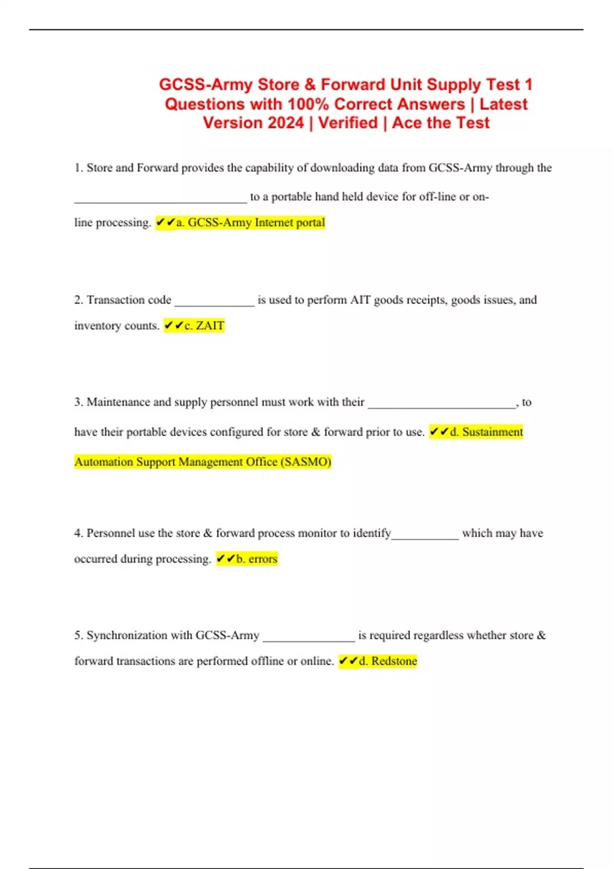 Gcss Army Store And Forward Unit Supply Test 1 Questions With 100 Correct Answers Latest