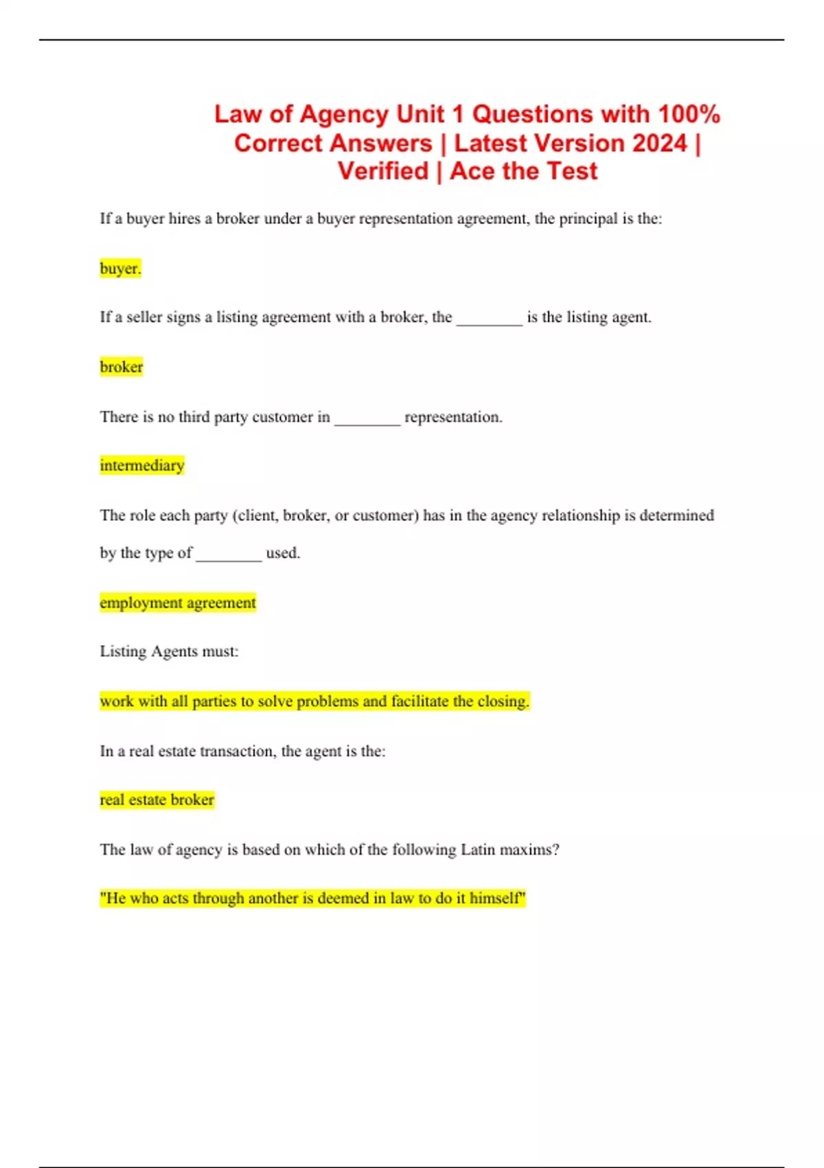 Law of Agency Unit 1 Questions with 100% Correct Answers | Latest ...
