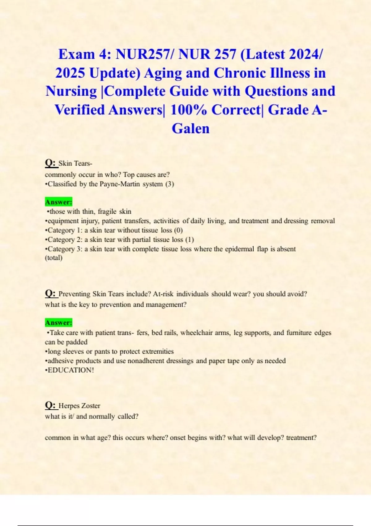 Exam 4: NUR257/ NUR 257 (Latest 2024/ 2025 Update) Aging and Chronic ...