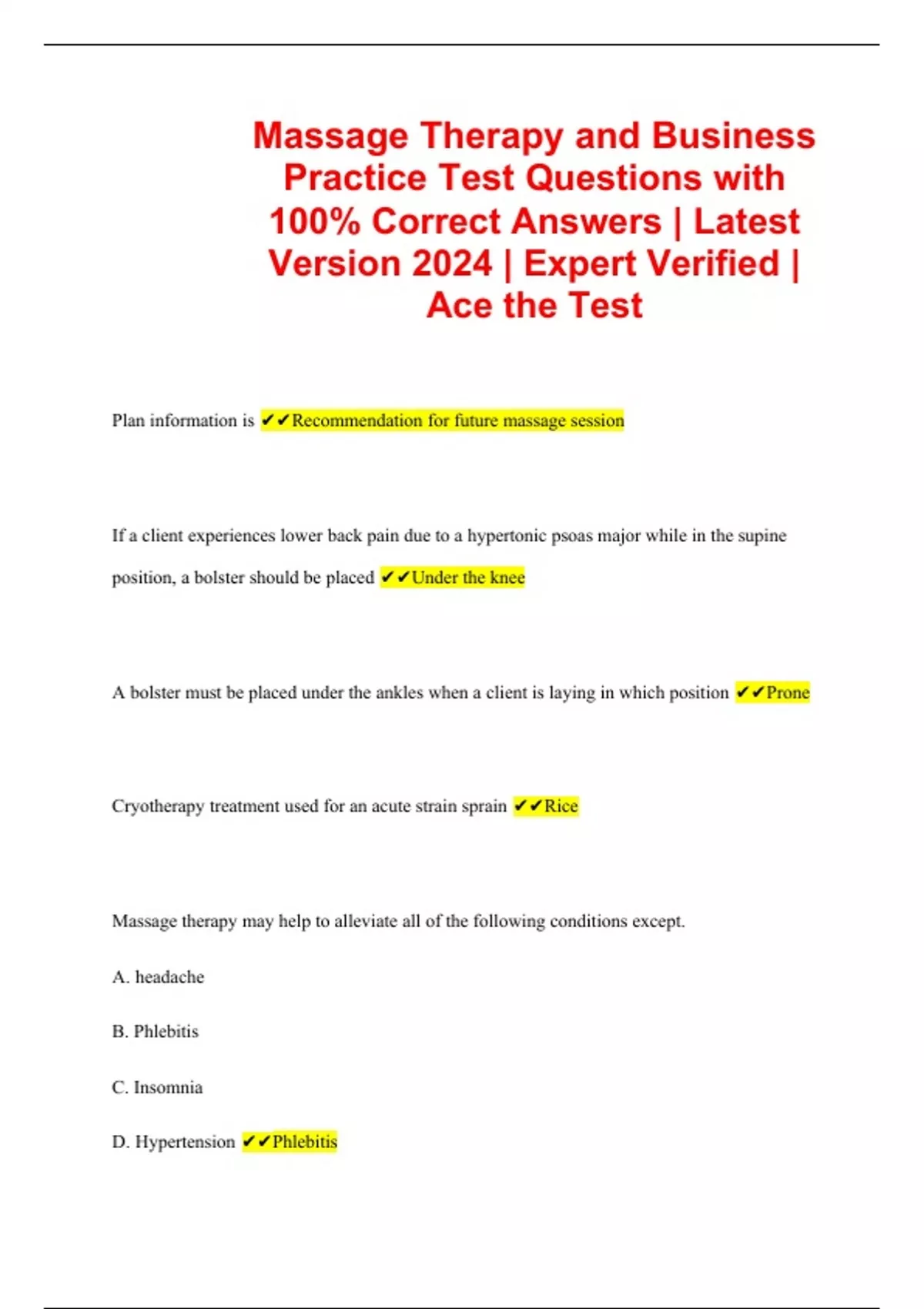 Massage Therapy and Business Practice Test Questions with 100% Correct ...