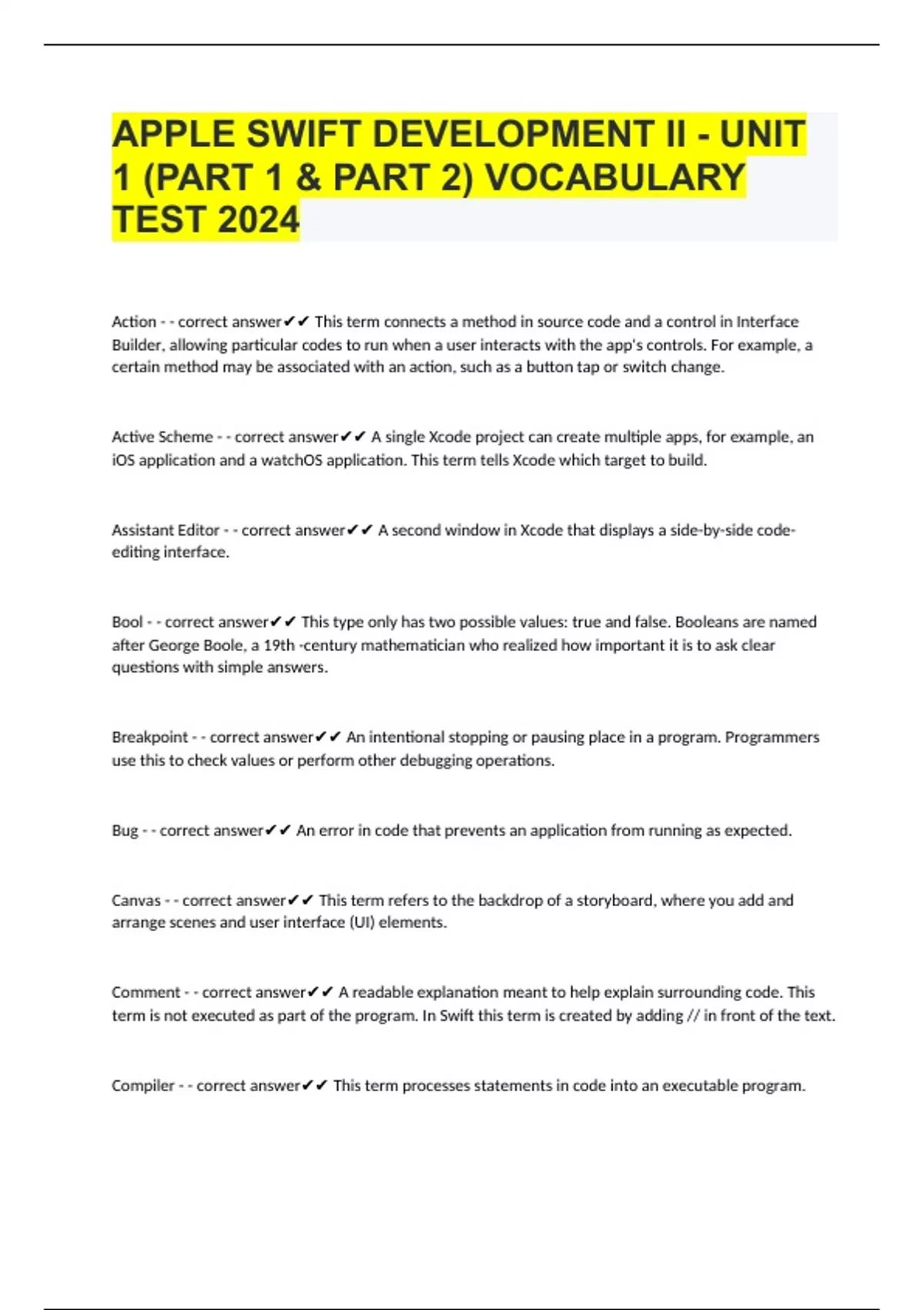 APPLE SWIFT DEVELOPMENT II - UNIT 1 (PART 1 & PART 2) VOCABULARY TEST ...