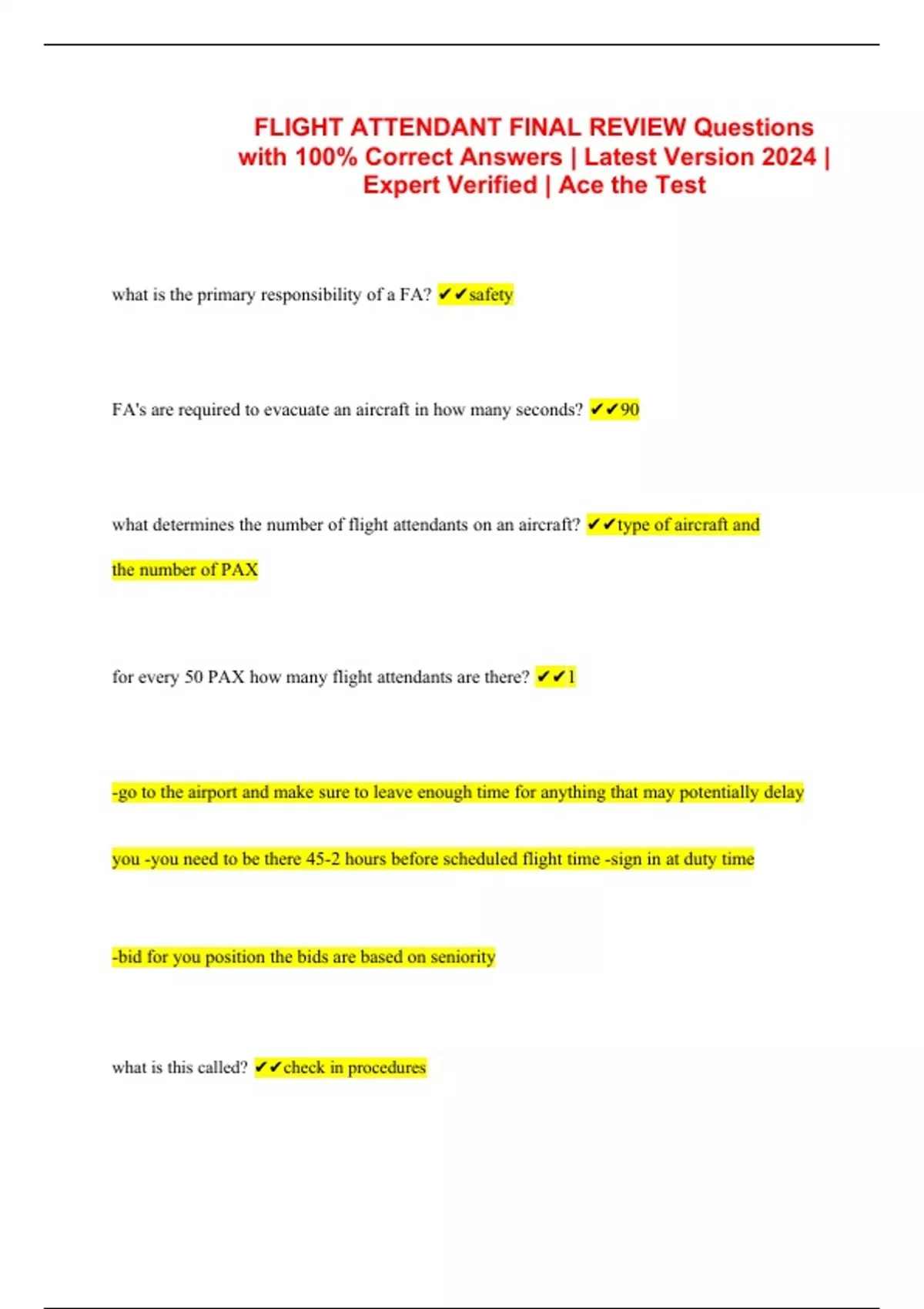 FLIGHT ATTENDANT FINAL REVIEW Questions with 100% Correct Answers ...