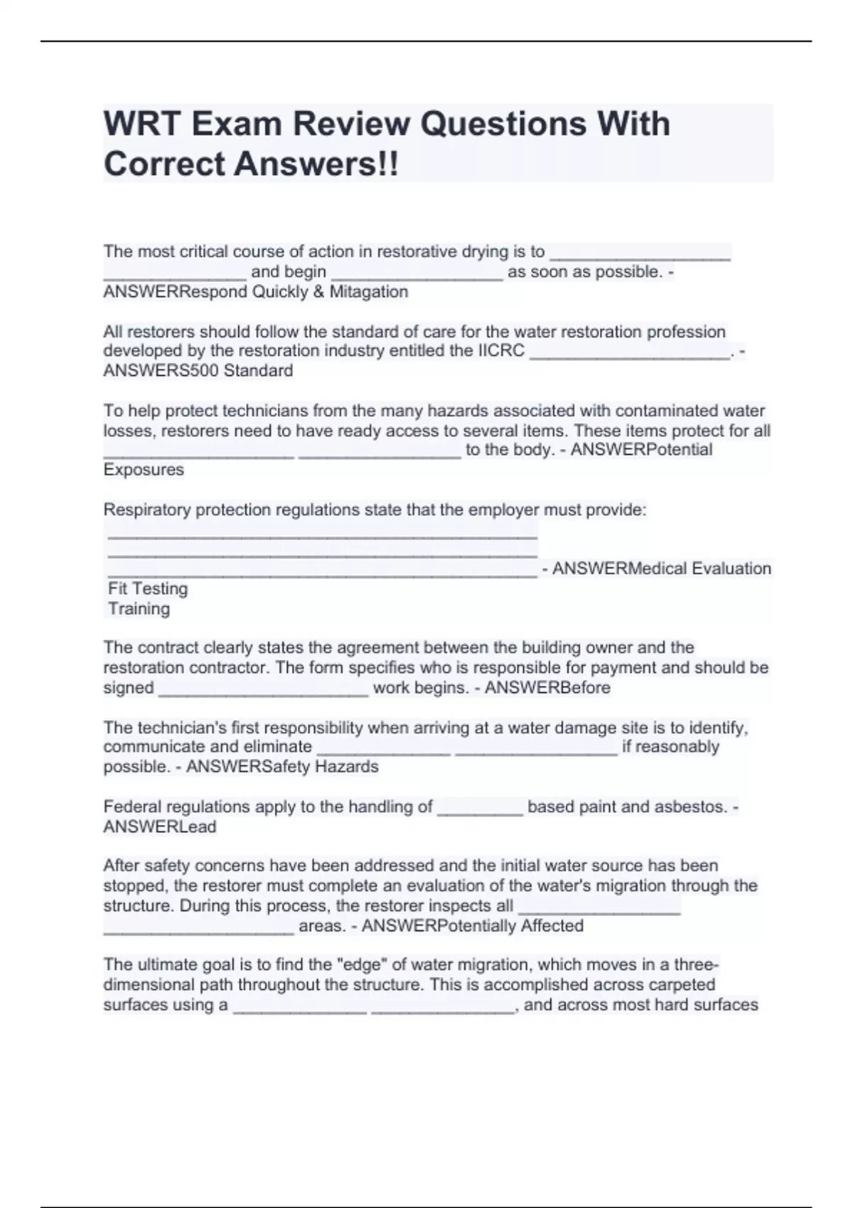 WRT Exam Review Questions With Correct Answers!! - WRT - Stuvia US