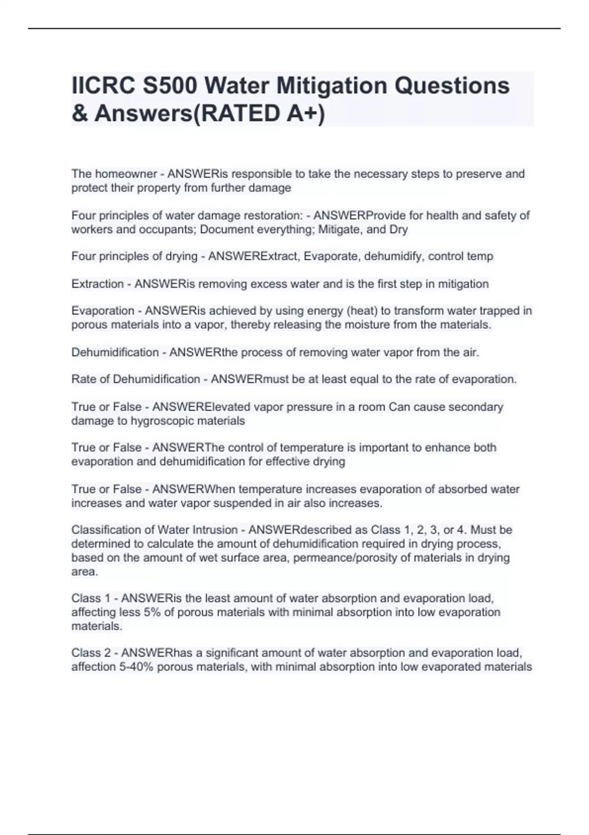 IICRC S500 Water Mitigation Questions & Answers(RATED A+) - IICRC S500 ...