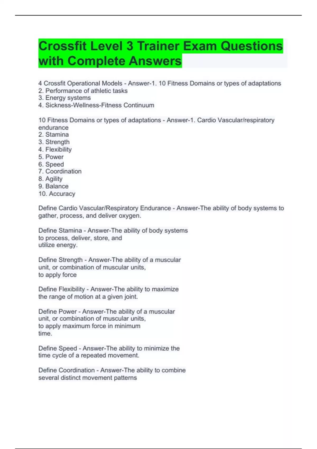 Crossfit Level 3 Trainer Exam Questions with Complete Answers ...