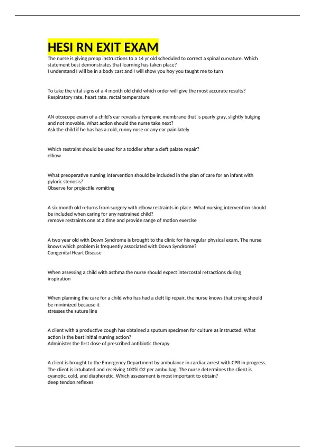 HESI RN EXIT EXAM |Complete with 100% Verified Answers Latest 2024 ...