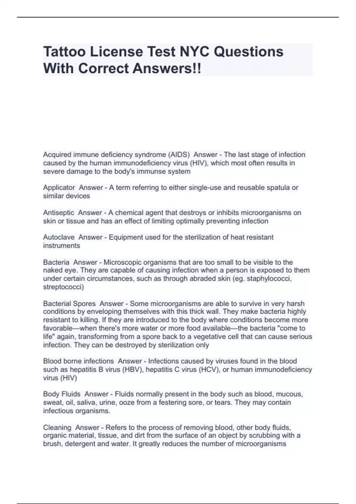 Tattoo License Test NYC Questions With Correct Answers!! - NYC Tattoo ...