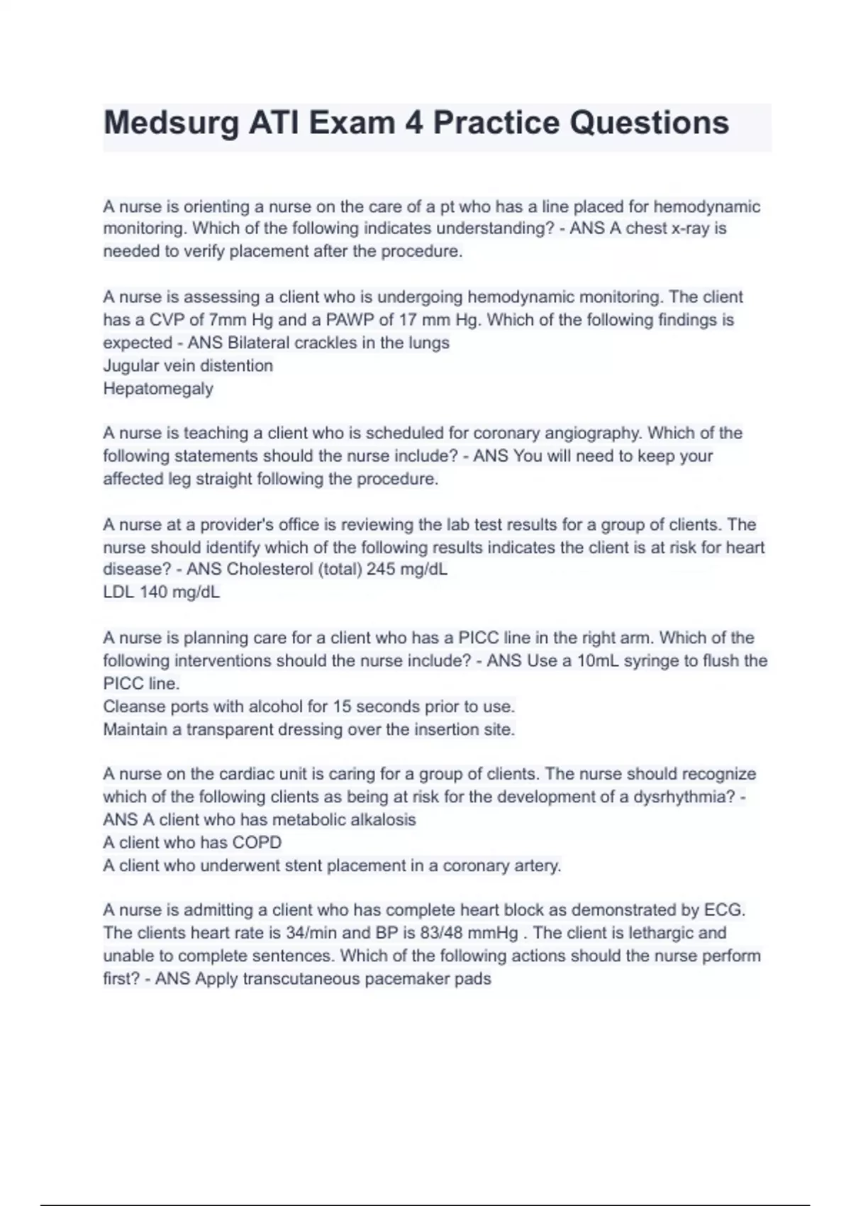 Medsurg ATI Exam 4 Practice Questions & Answers ( A+ Graded 100% ...