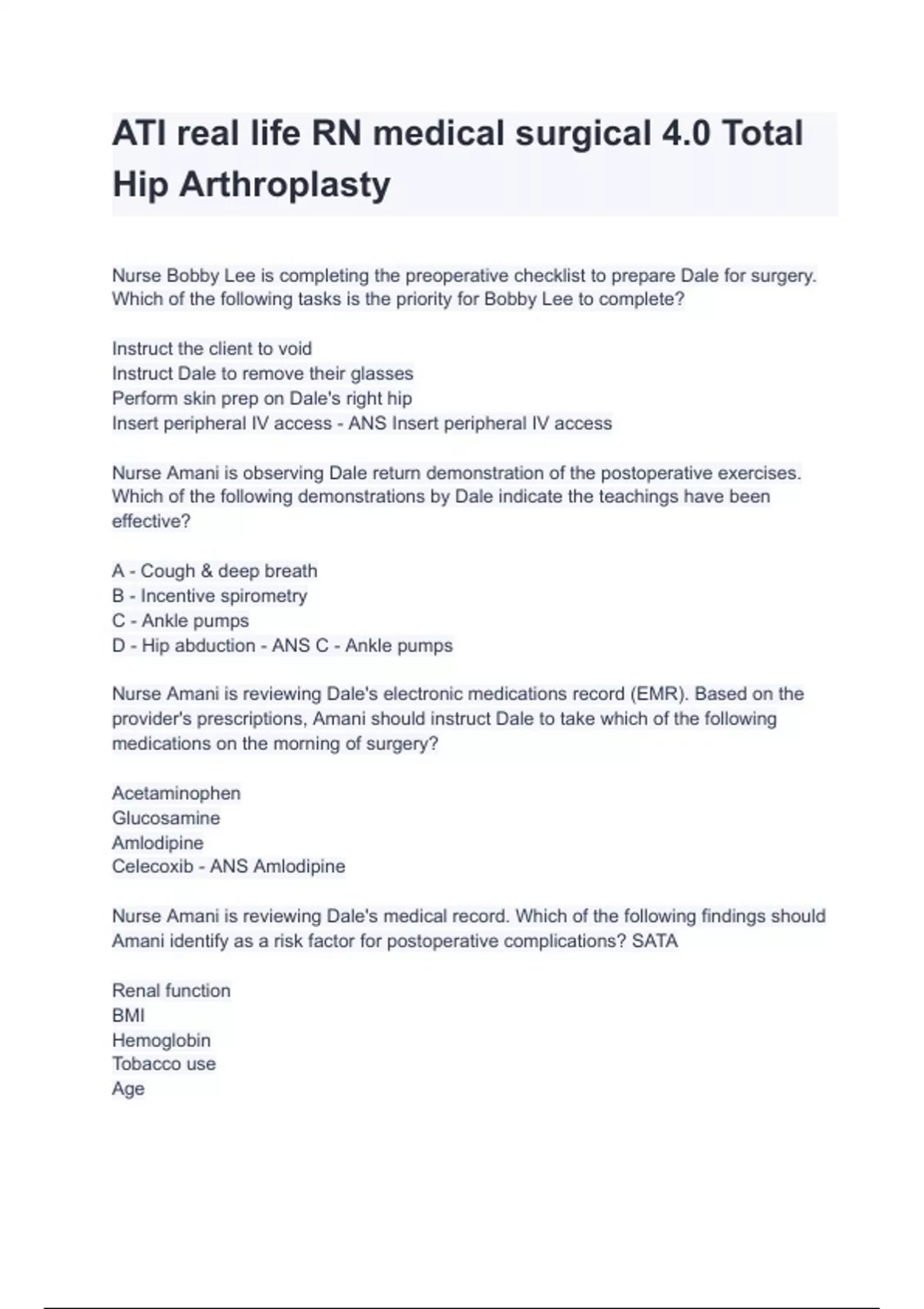 ATI real life RN medical surgical 4.0 Total Hip Arthroplasty Exam 2024/ ...