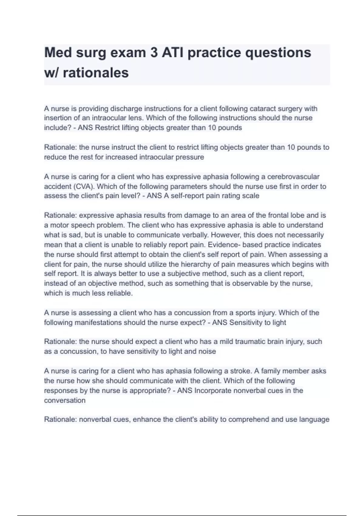 Med surg exam 3 ATI practice questions w/ rationales 2024/2025 With ...