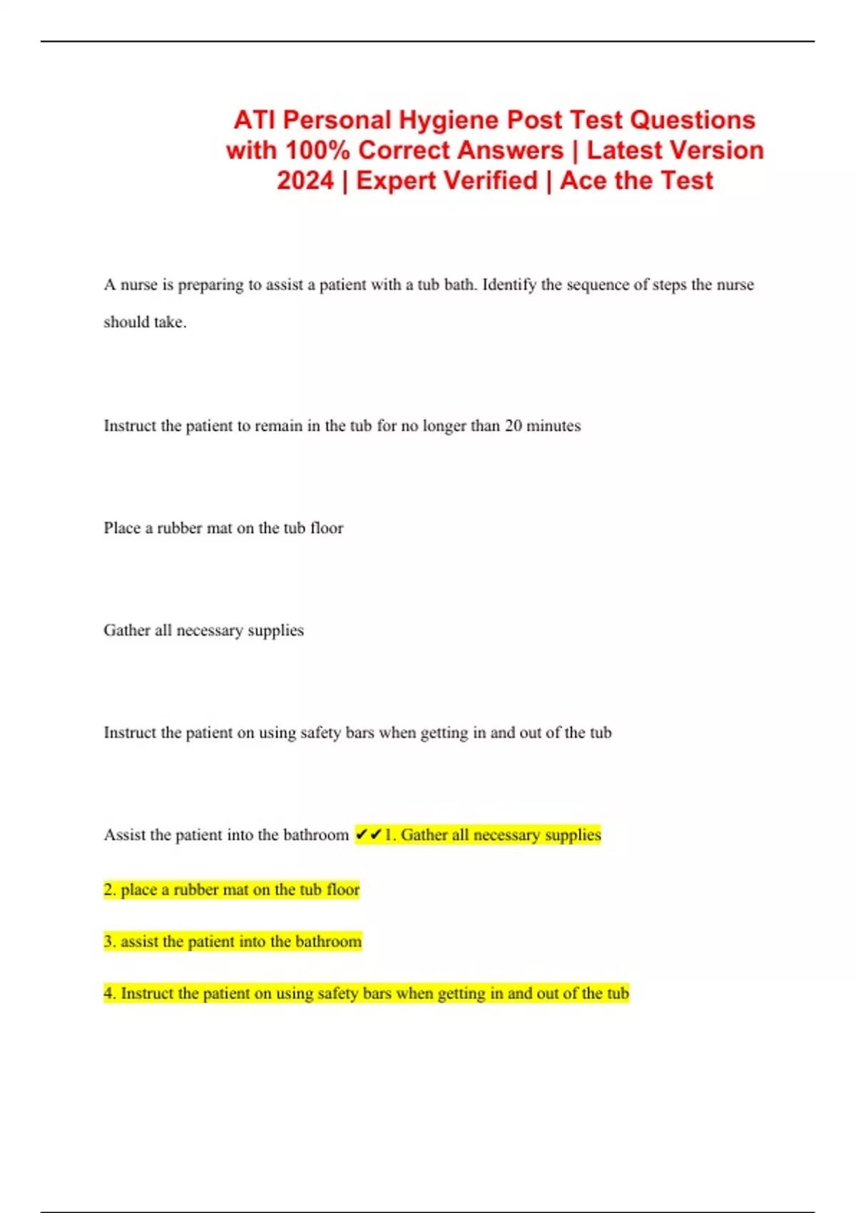 ATI Personal Hygiene Post Test Questions with 100% Correct Answers ...
