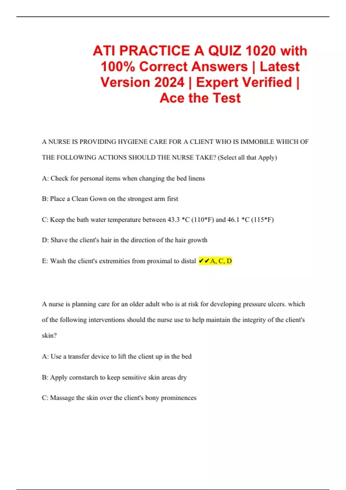 ATI PRACTICE A QUIZ 1020 with 100% Correct Answers | Latest Version ...