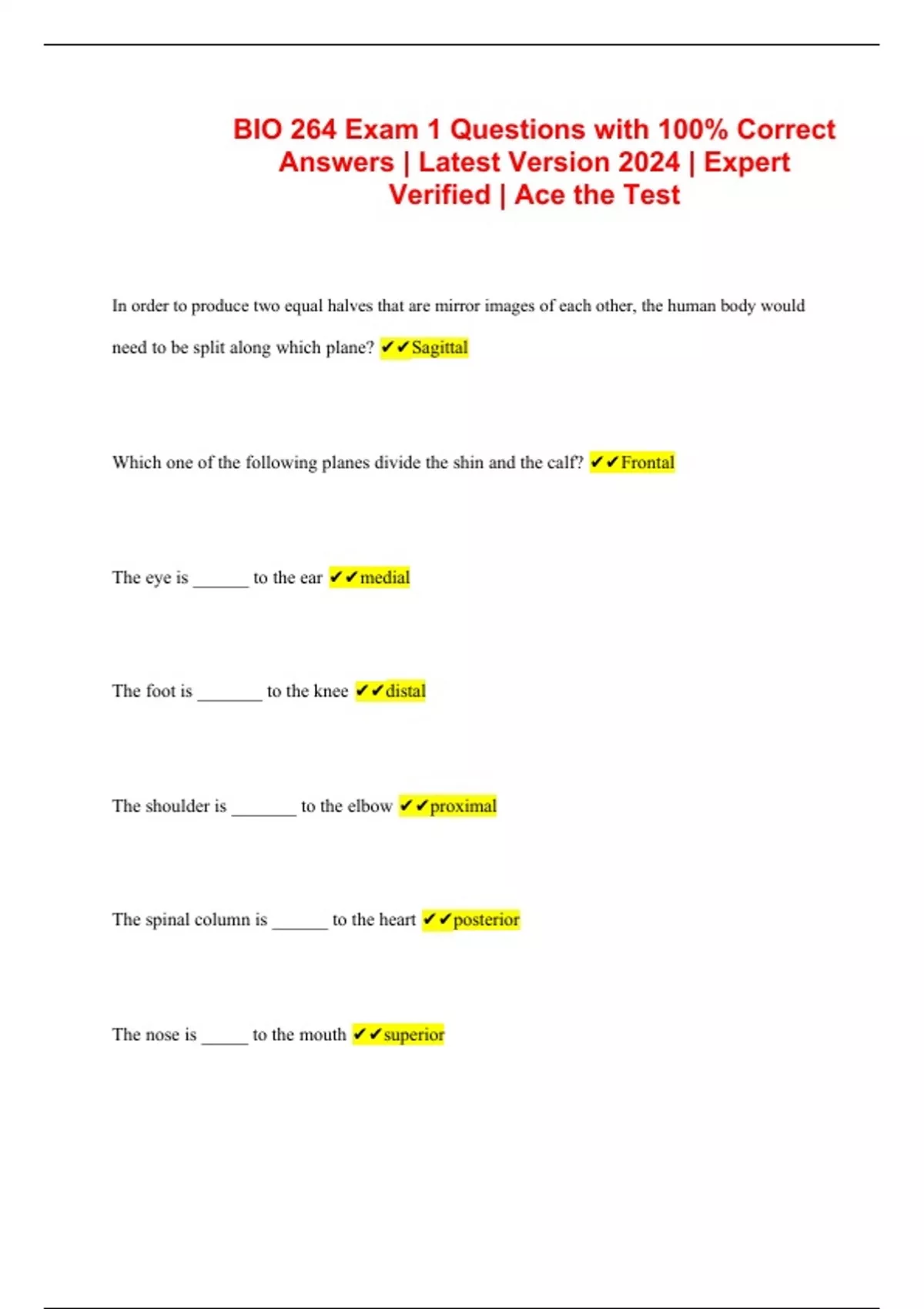 BIO 264 Exam 1 Questions with 100% Correct Answers | Latest Version ...