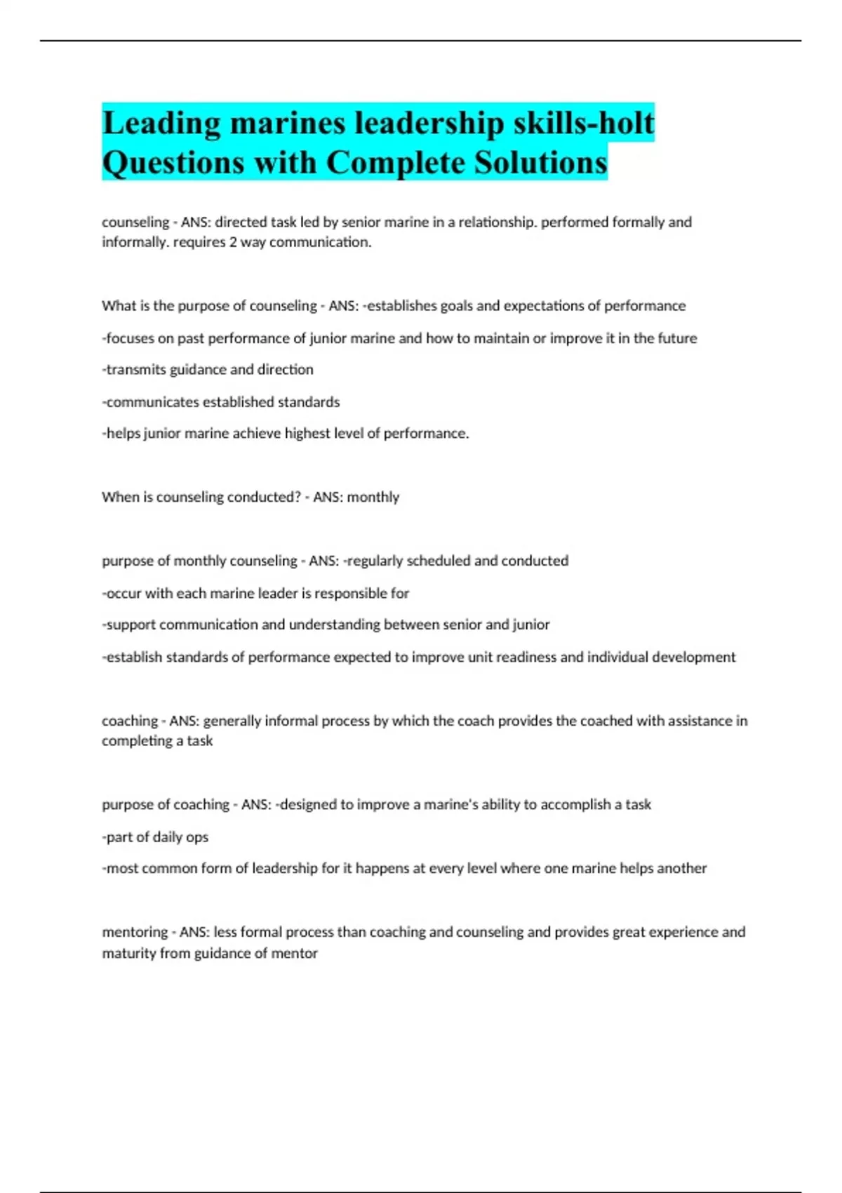 Leading marines leadership skills-holt Questions with Complete ...