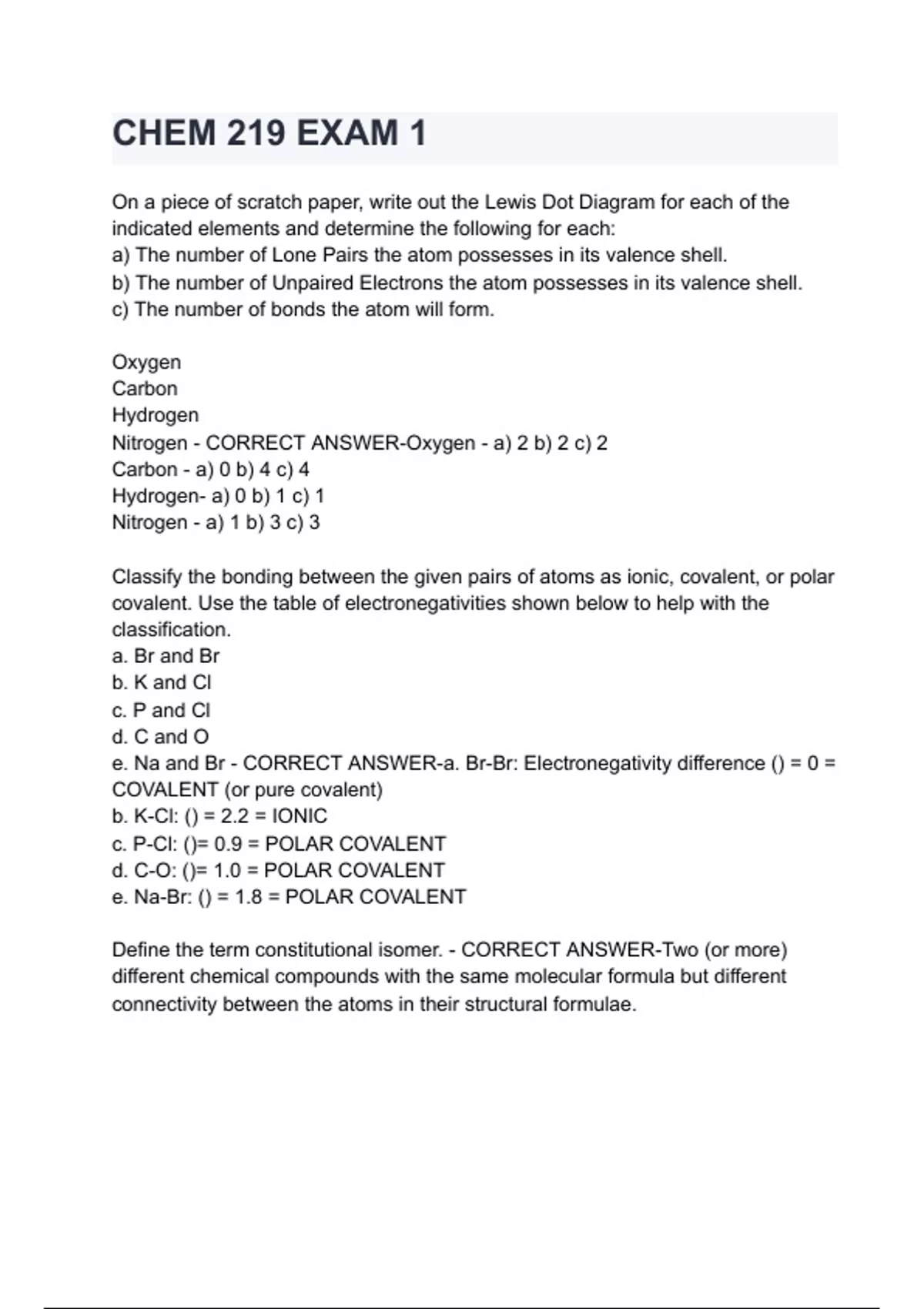 CHEM 219 EXAM 1 ALL QUESTIONS WITH COMPLETE SOLUTION. - CHEM 219 EXM 1 ...