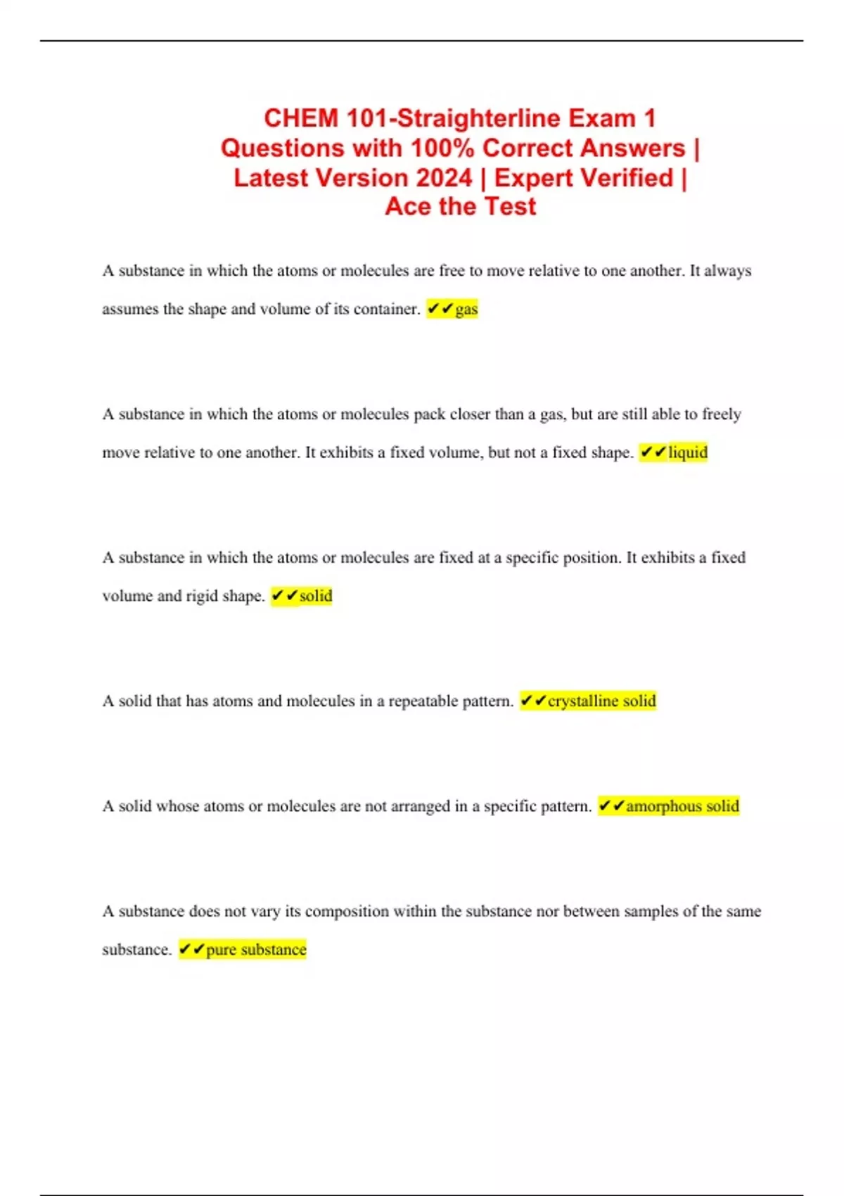 CHEM 101-Straighterline Exam 1 Questions with 100% Correct Answers ...