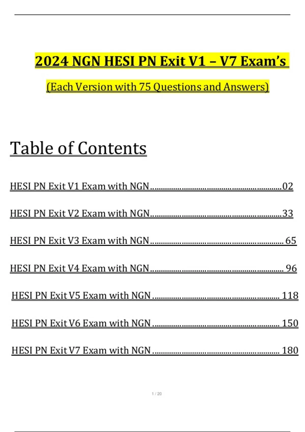 2025/2026 HESI PN EXIT EXAM V1, V2, V3, V4, V5, V6, V7, EACH EXAM WITH 75 QUESTIONS AND ANSWERS ...