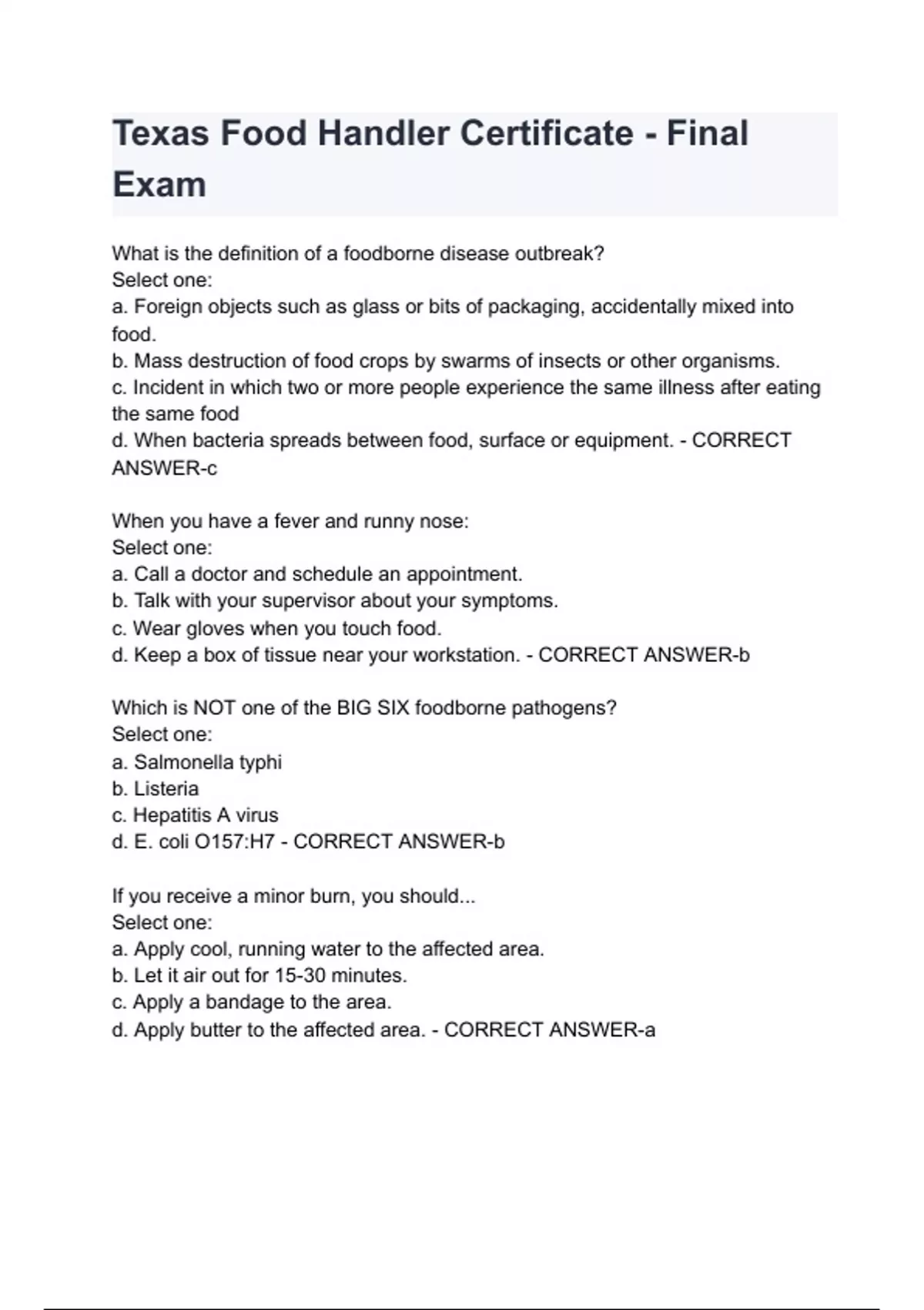 Texas Food Handler Certificate - Final Exam with complete solution ...