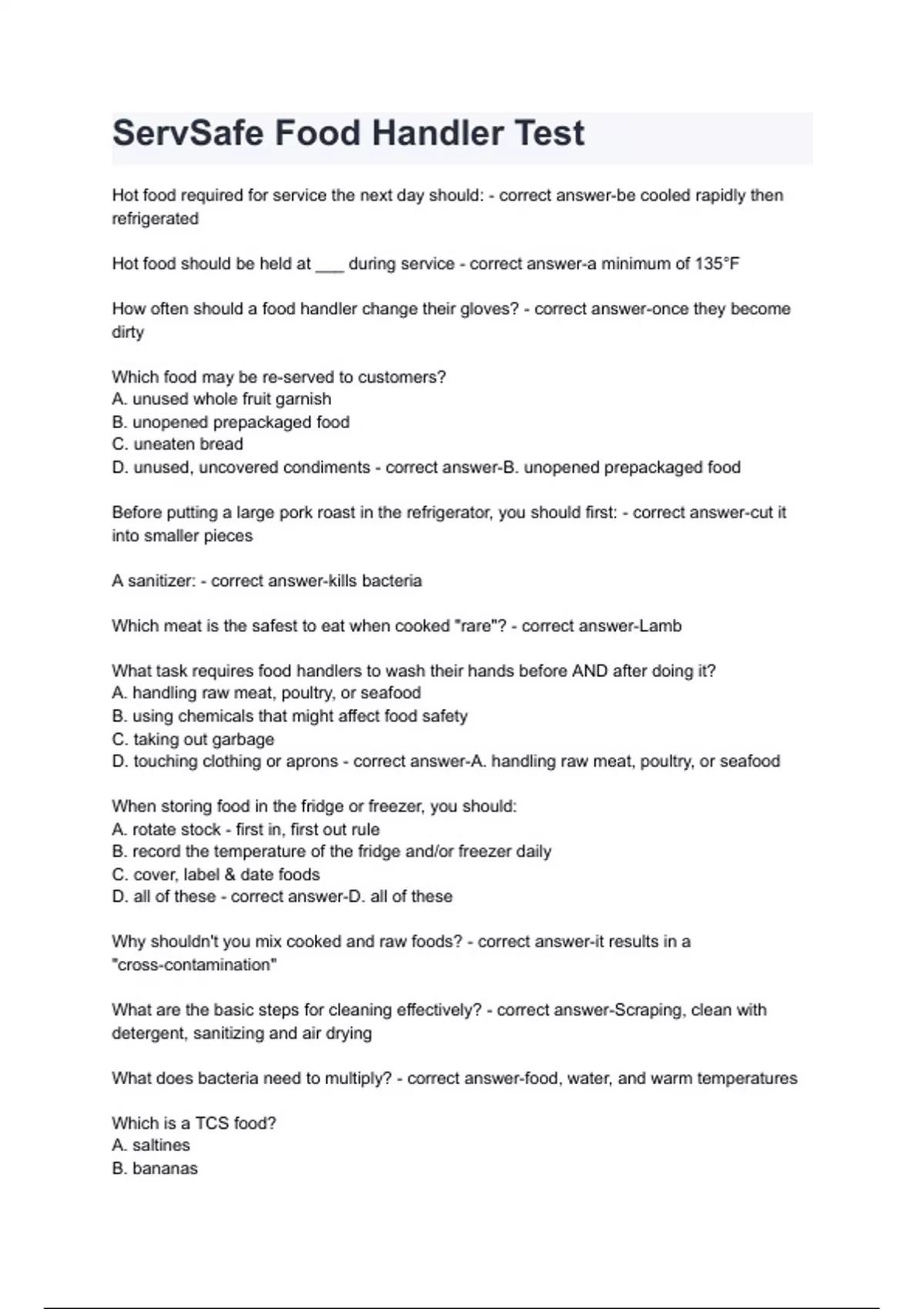 ServSafe Food Handler Test with complete solution - ServSafe Food ...