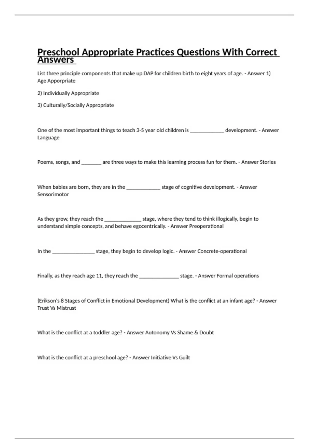 Preschool Appropriate Practices Questions With Correct Answers ...