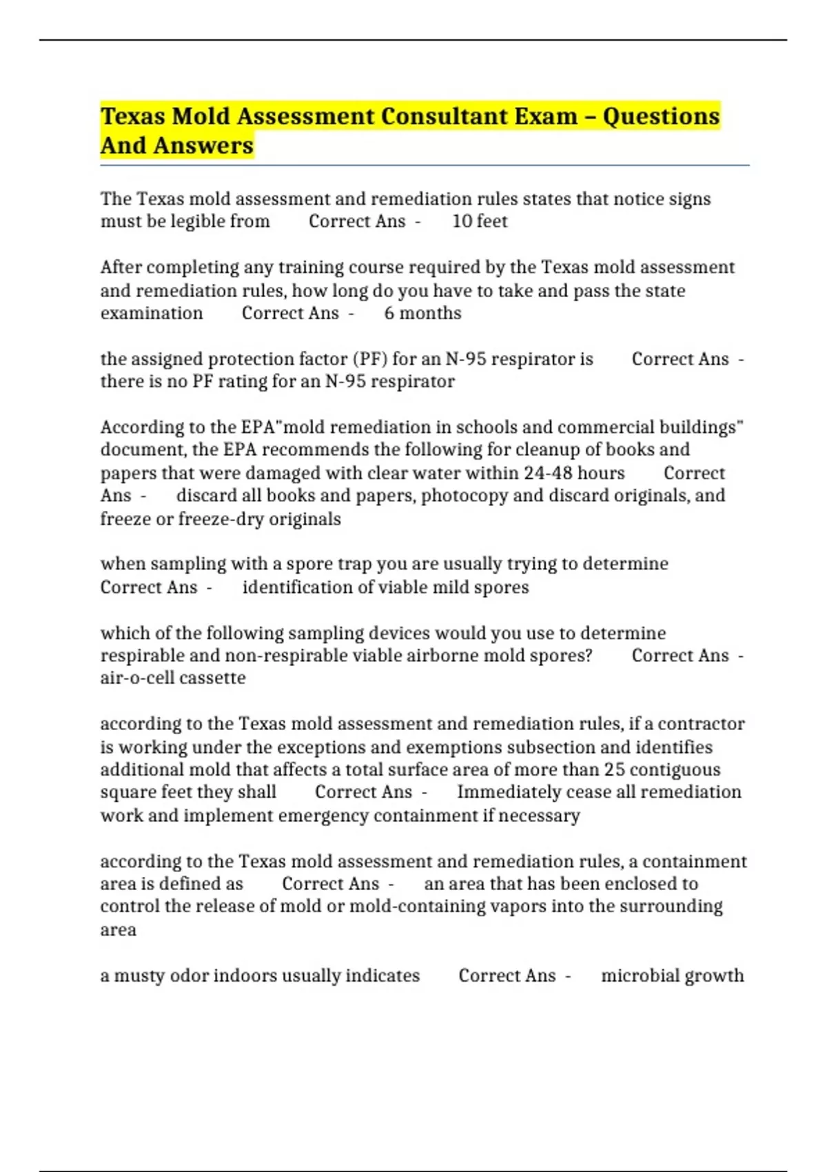 Texas Mold Assessment Consultant Exam – Questions And Answers - Texas ...