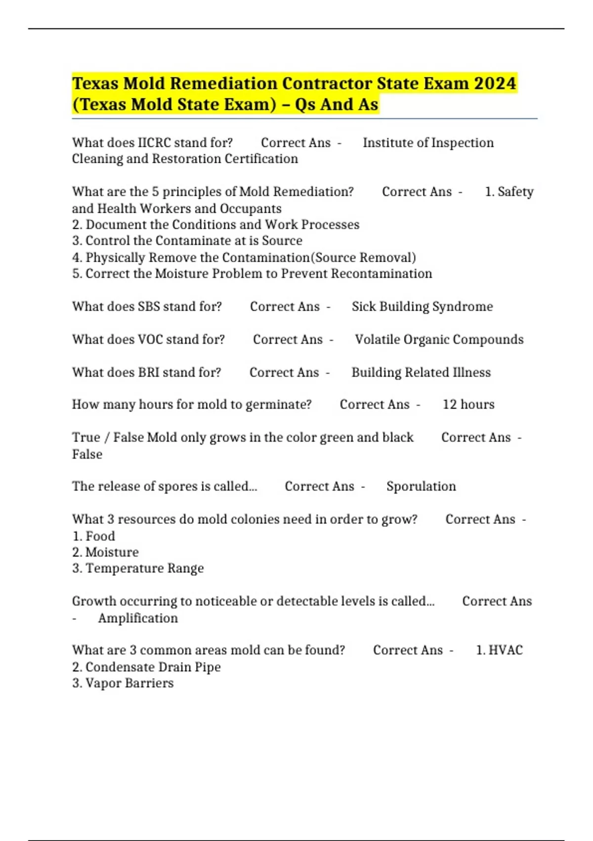 Texas Mold Remediation Contractor State Exam 2024 (Texas Mold State ...