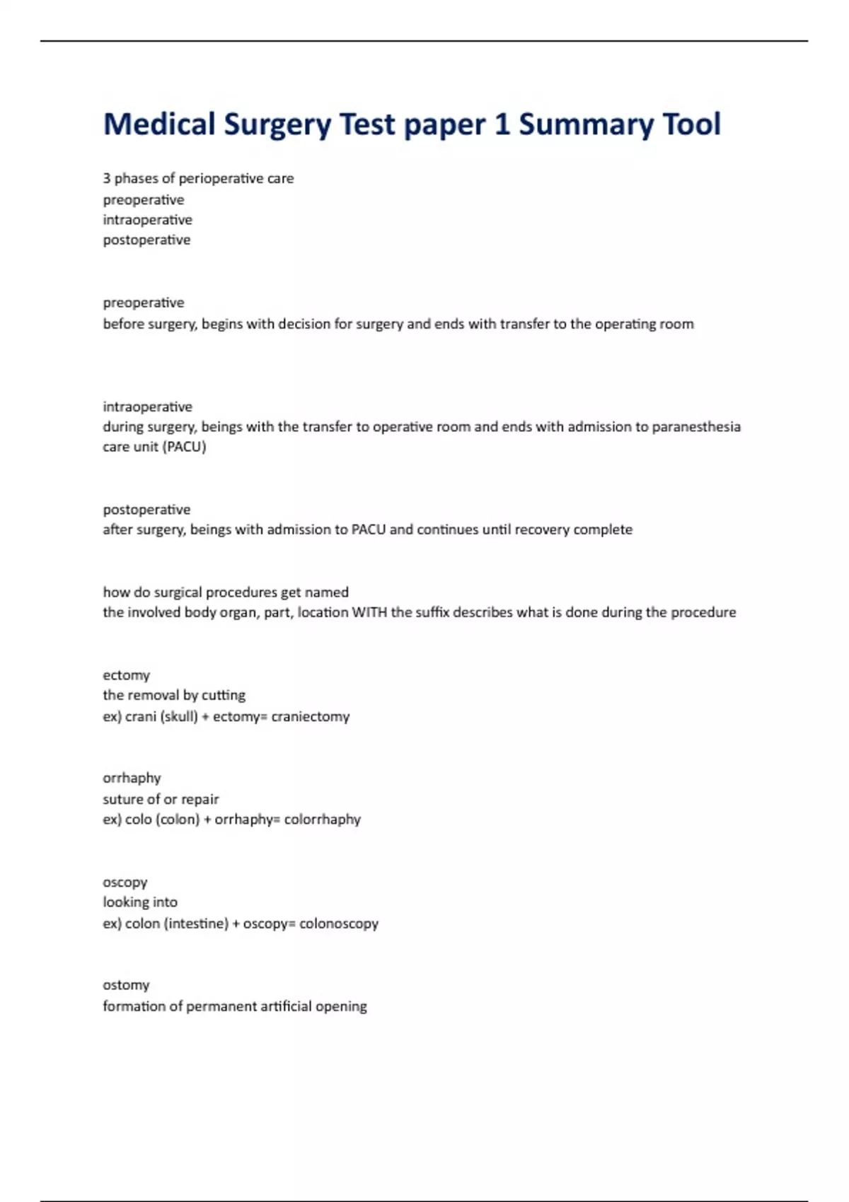 Medical Surgery Test paper 1 Summary Tool - Medical surgical nursing ...