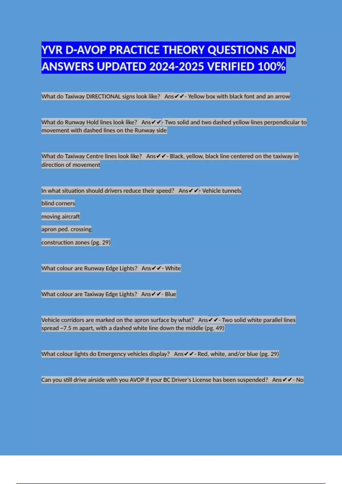 YVR D-AVOP PRACTICE THEORY QUESTIONS AND ANSWERS UPDATED VERIFIED 100% - AVOP - Stuvia NL