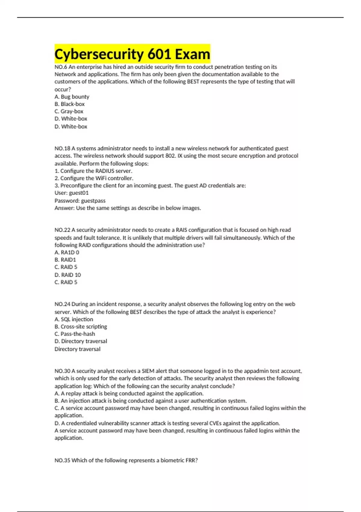 Cybersecurity 601 Exam |Complete with Correct A+ Graded Answers ...