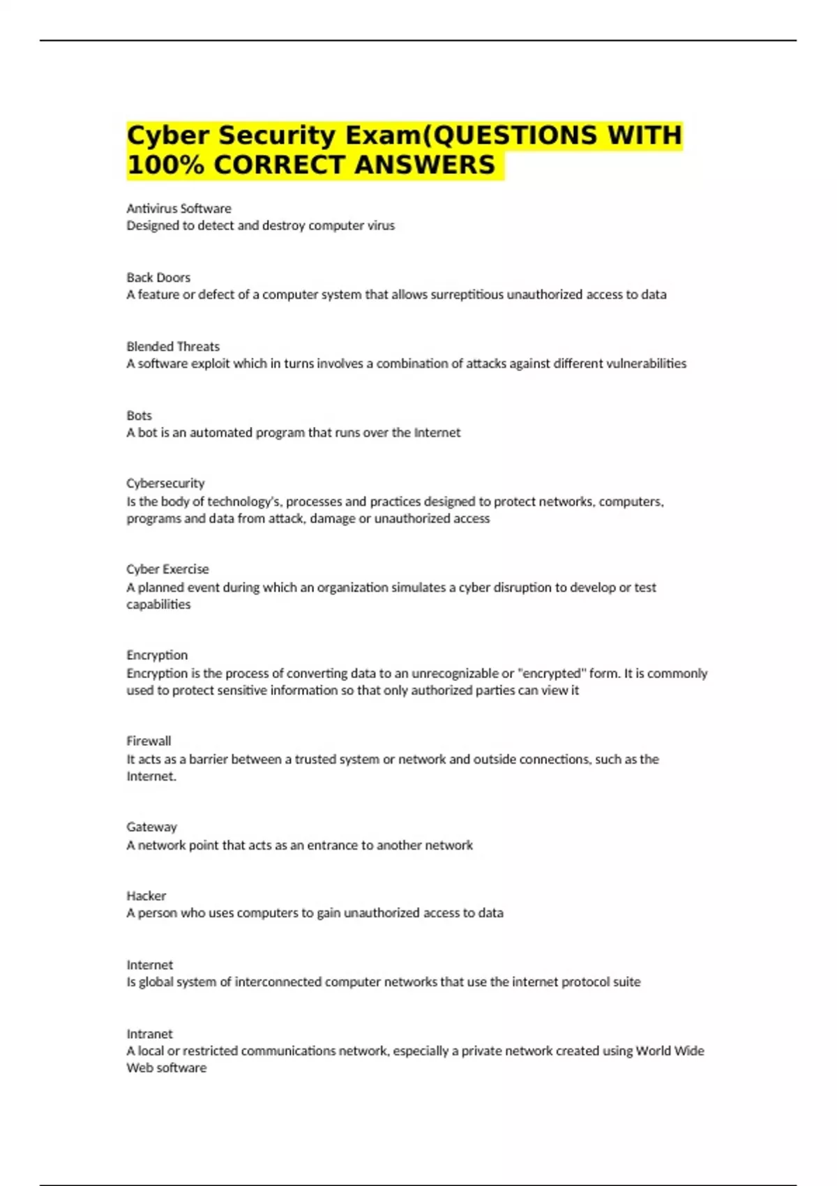 Cyber Security Exam Questions With 100 Correct Answers Latest 2024 Cybersecurity Stuvia Us