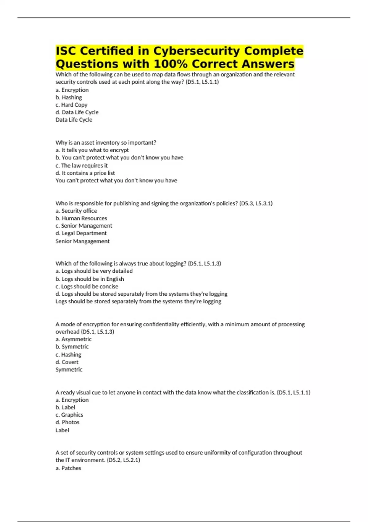 Isc Certified In Cybersecurity Complete Questions With 100 Correct Answers Graded A