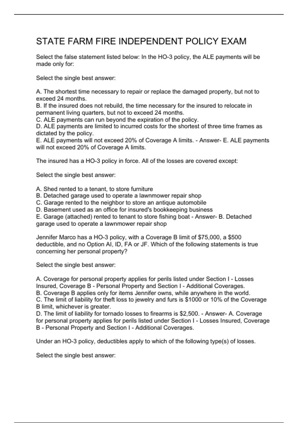 State Farm Fire Independent Policy Exam - State Farm Fire Independent ...