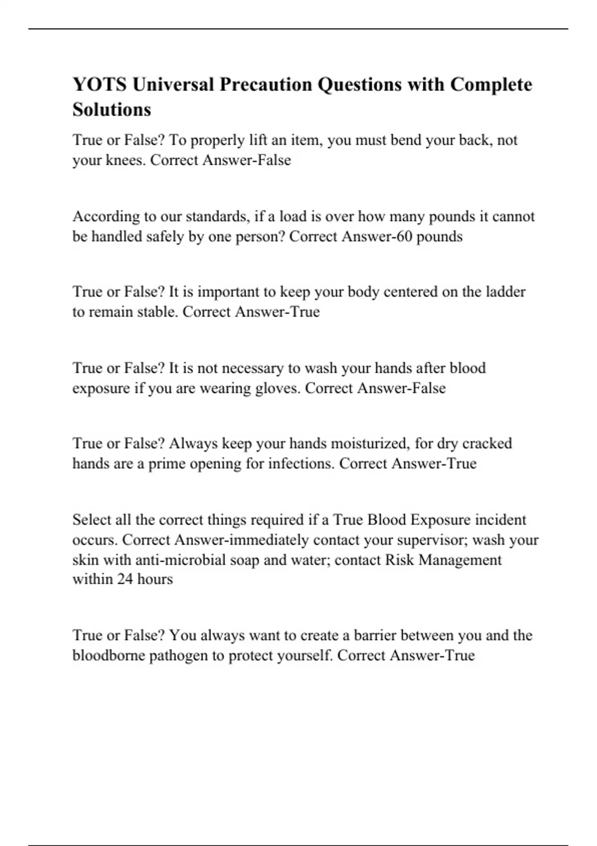 YOTS Universal Precaution Questions with Complete Solutions - YOTS ...