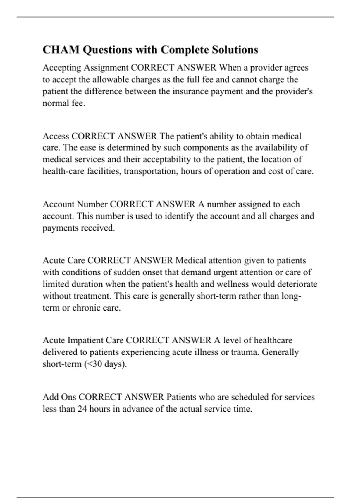 CHAM Questions with Complete Solution - CHAM - Stuvia US