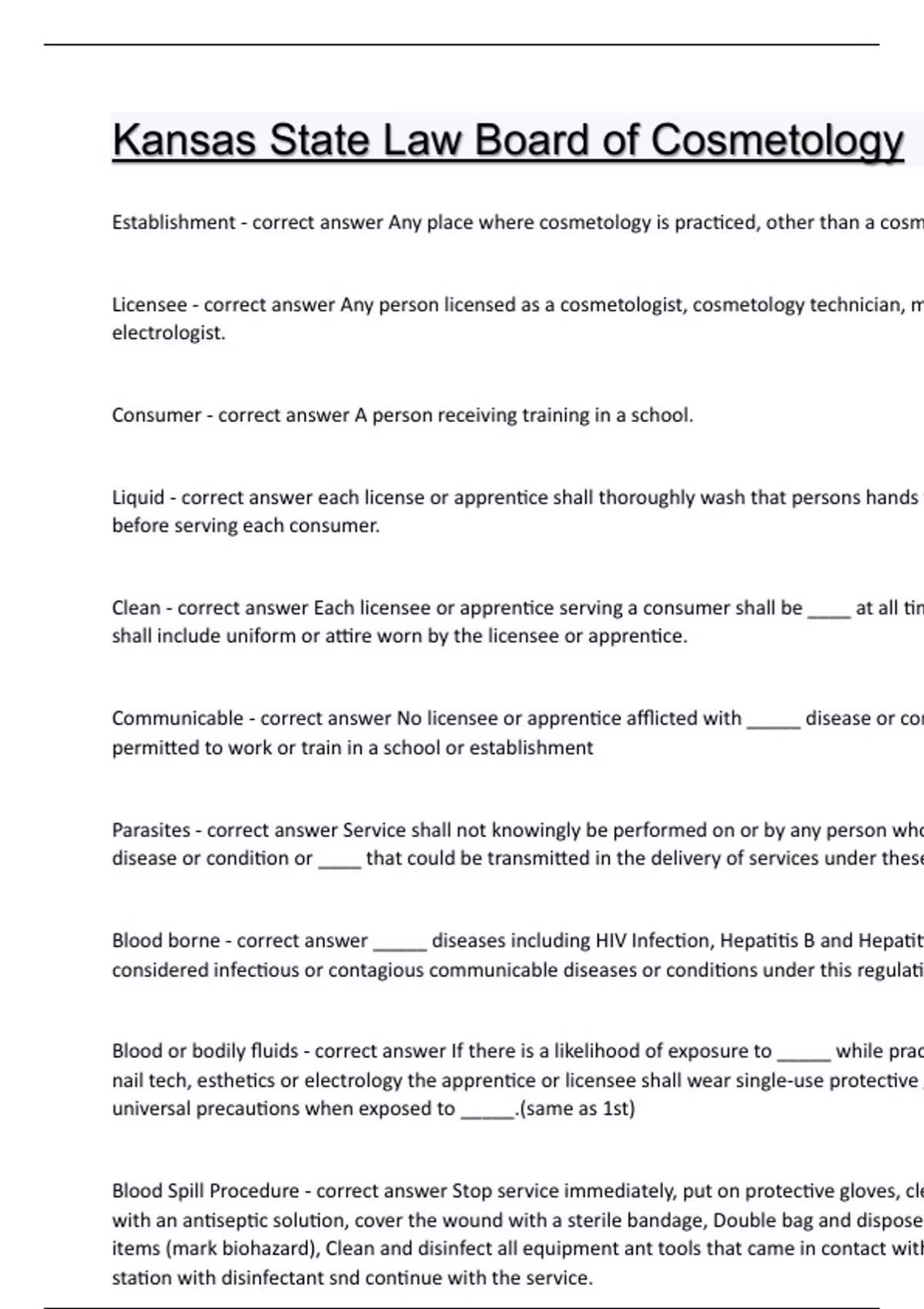 Kansas State Law Board of Cosmetology Questions And Answers Latest ...