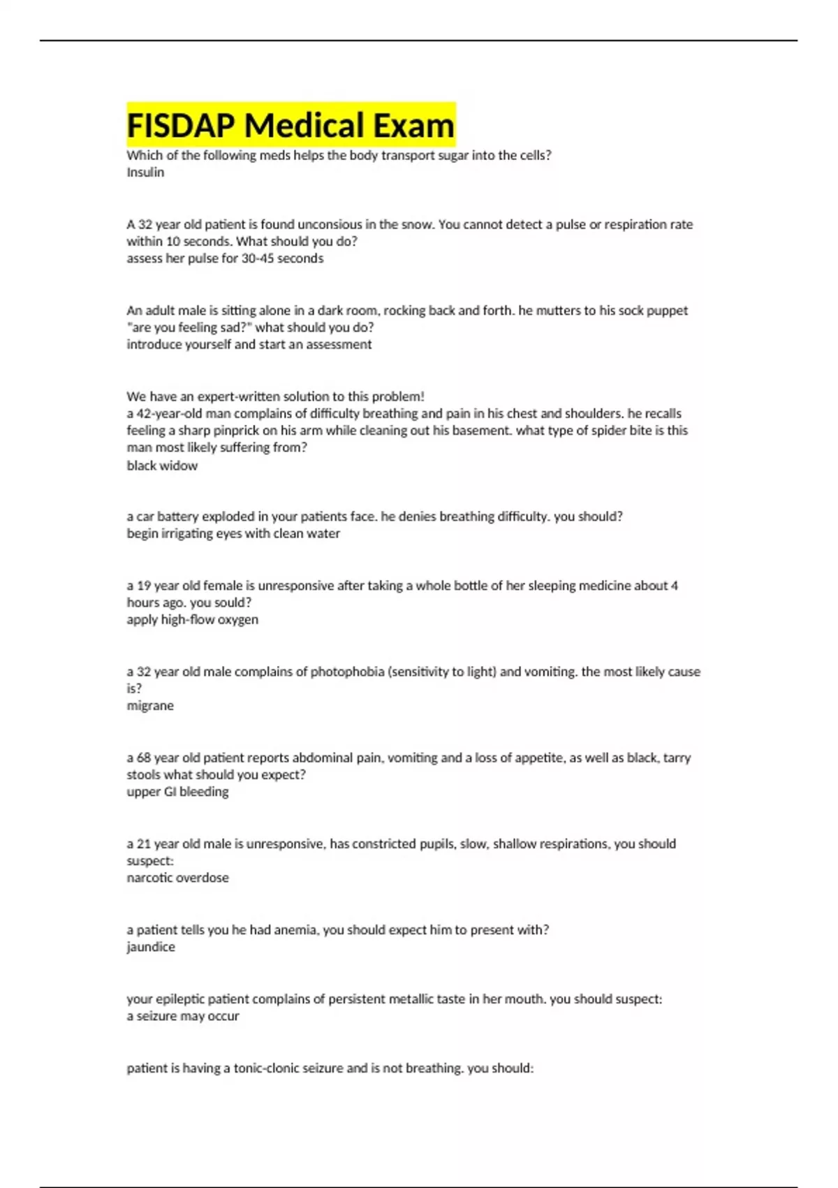 FISDAP Medical Exam - FISDAP Medical - Stuvia US