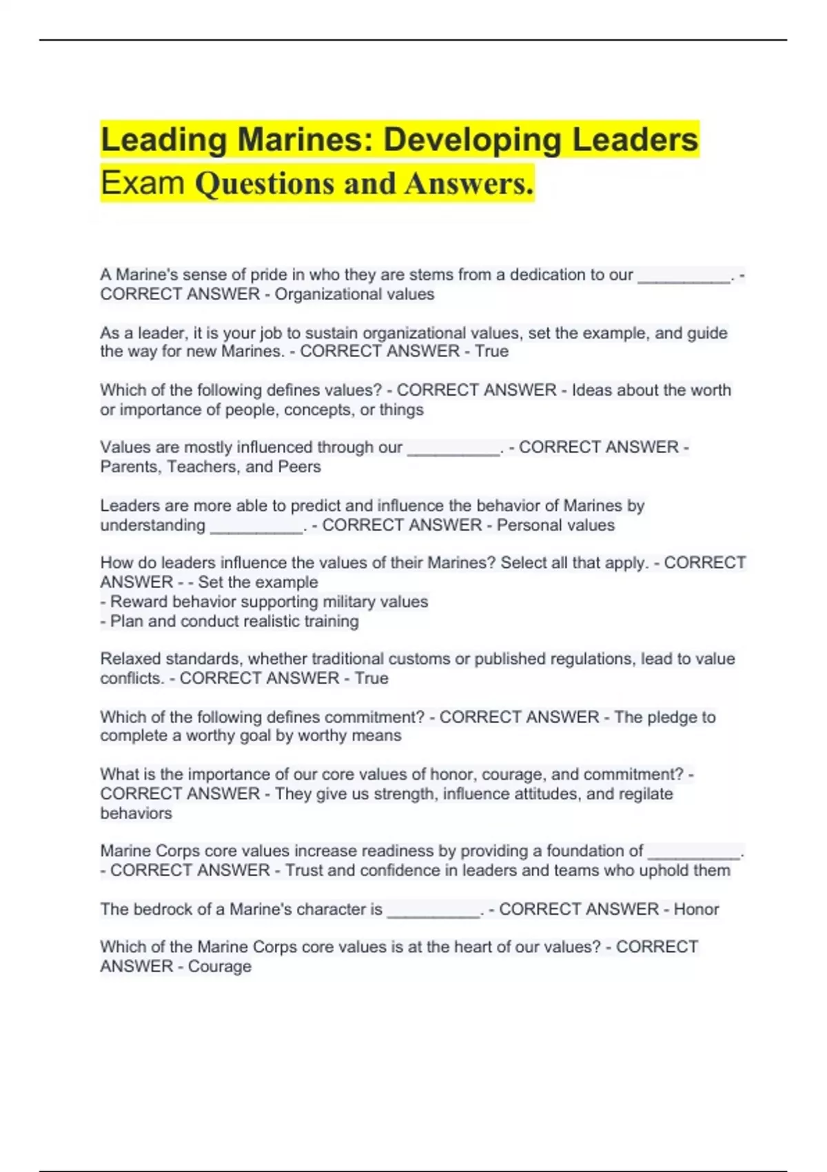 Leading Marines: Developing Leaders Exam Questions and Answers ...