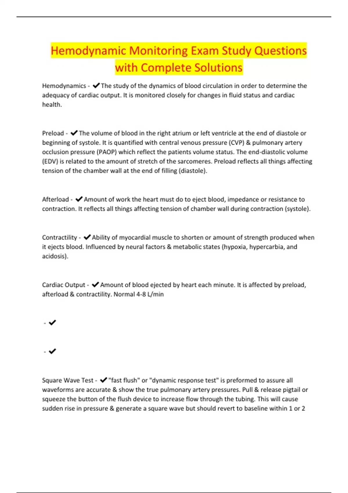 Hemodynamic Monitoring Exam Study Questions with Complete Solutions ...