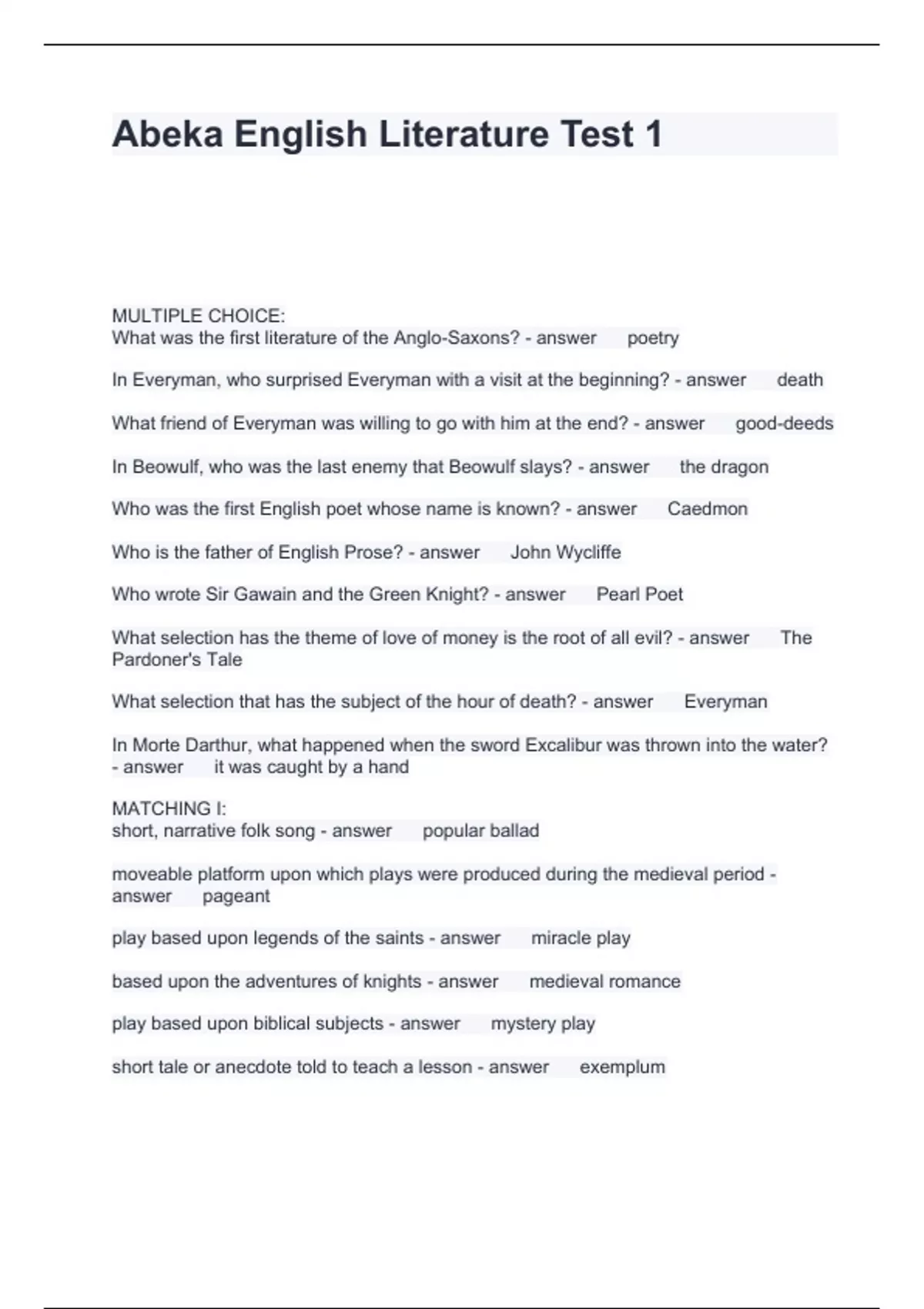 Abeka English Literature Test 1 Questions and Answers 2024 - ABEKA ...