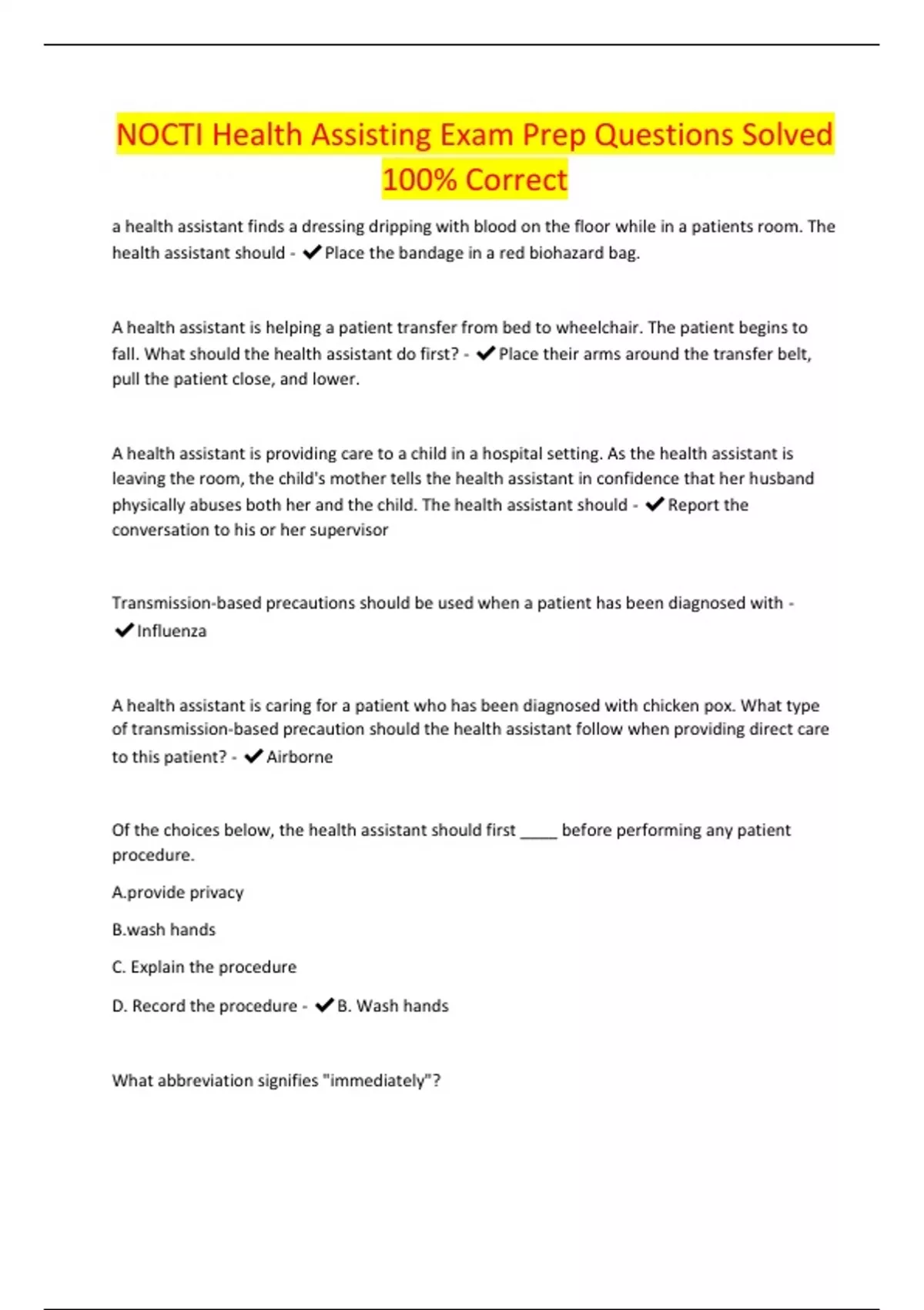 NOCTI Health Assisting Exam Prep Questions Solved 100% Correct - NOCTI ...