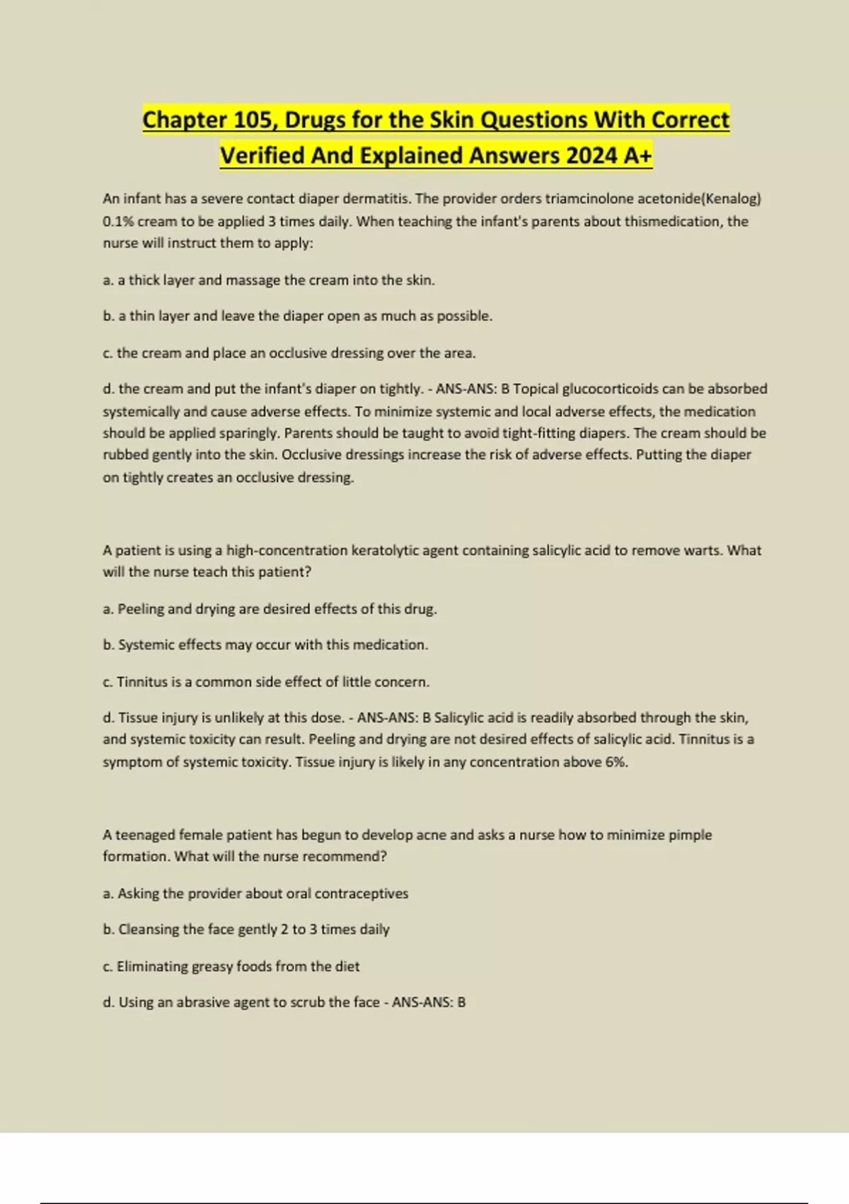 Chapter 105, Drugs for the Skin Questions With Correct Verified And ...