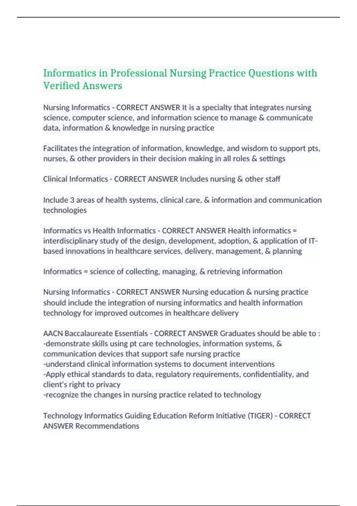 Informatics in Professional Nursing Practice Questions with Verified ...
